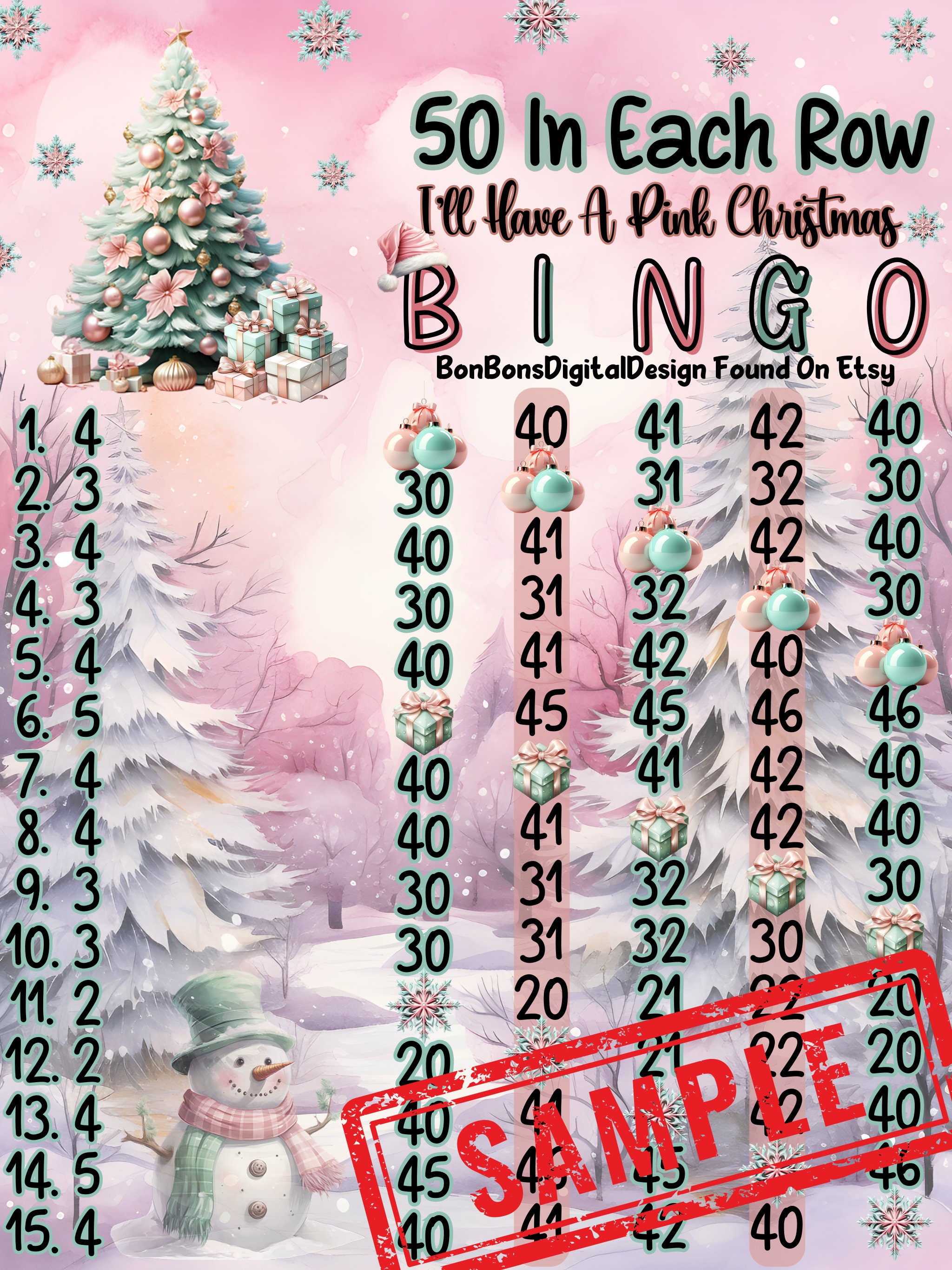 50 in Each Row 15 Line Bingo Board, Pyp Christmas Themed Bingo - Etsy