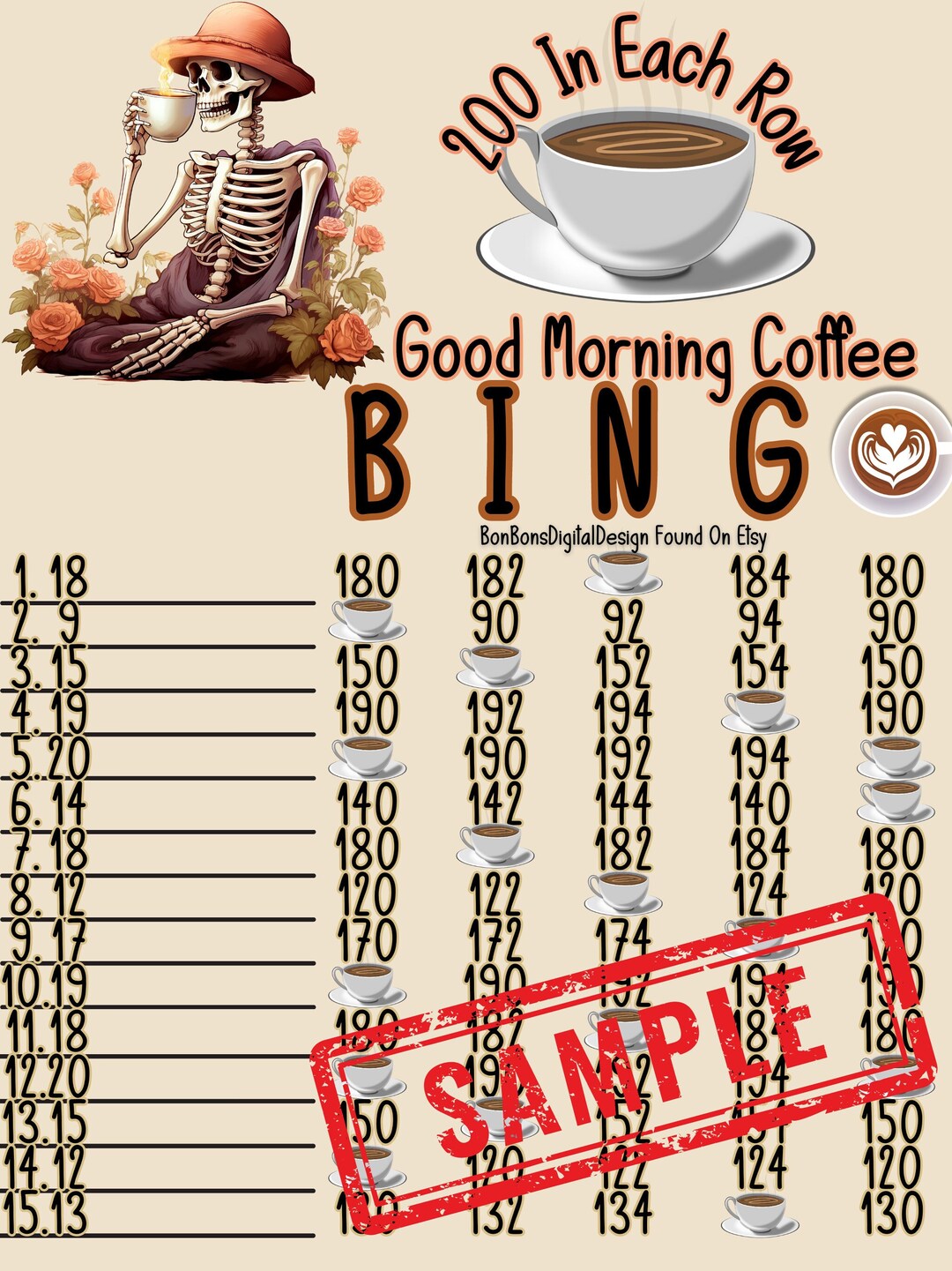 200 PYP Small Profit WTA Good Morning Coffee 15 Line Bingo Board , 200 ...