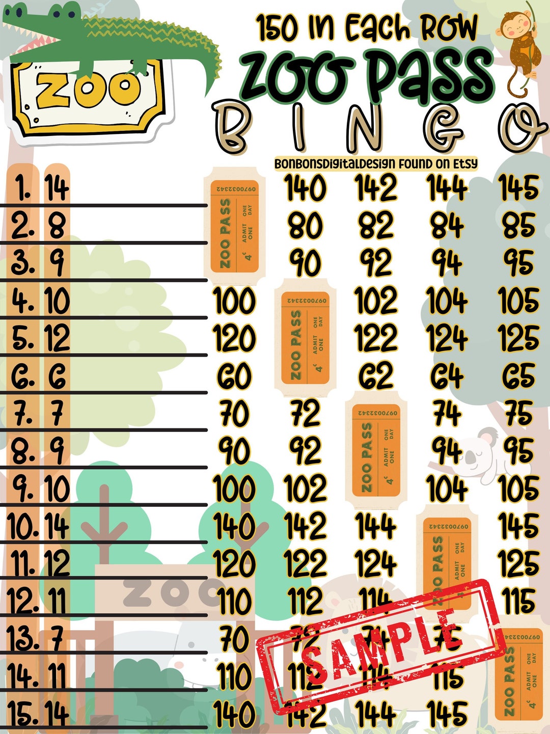 150 PYP Pro WTA 15 Line Bingo Board , Zoo Pass Bingo - Etsy