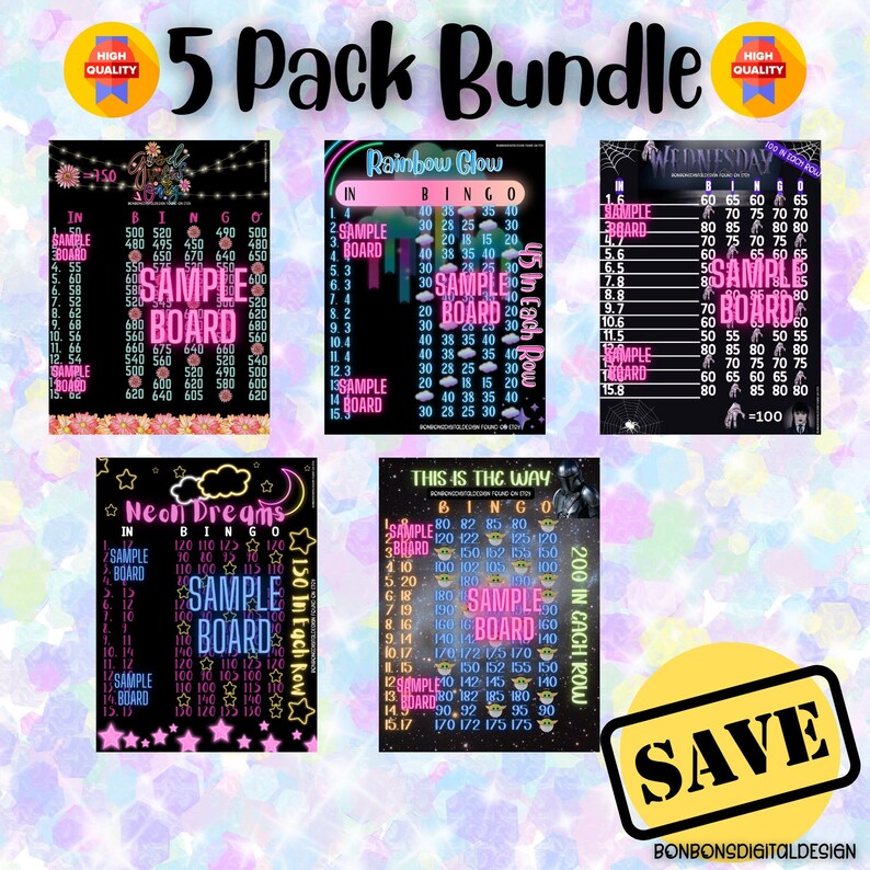 5 Pack Bundle Deal WTA Bingo Boards, Glow Bingo Boards, Bundle Deal ...