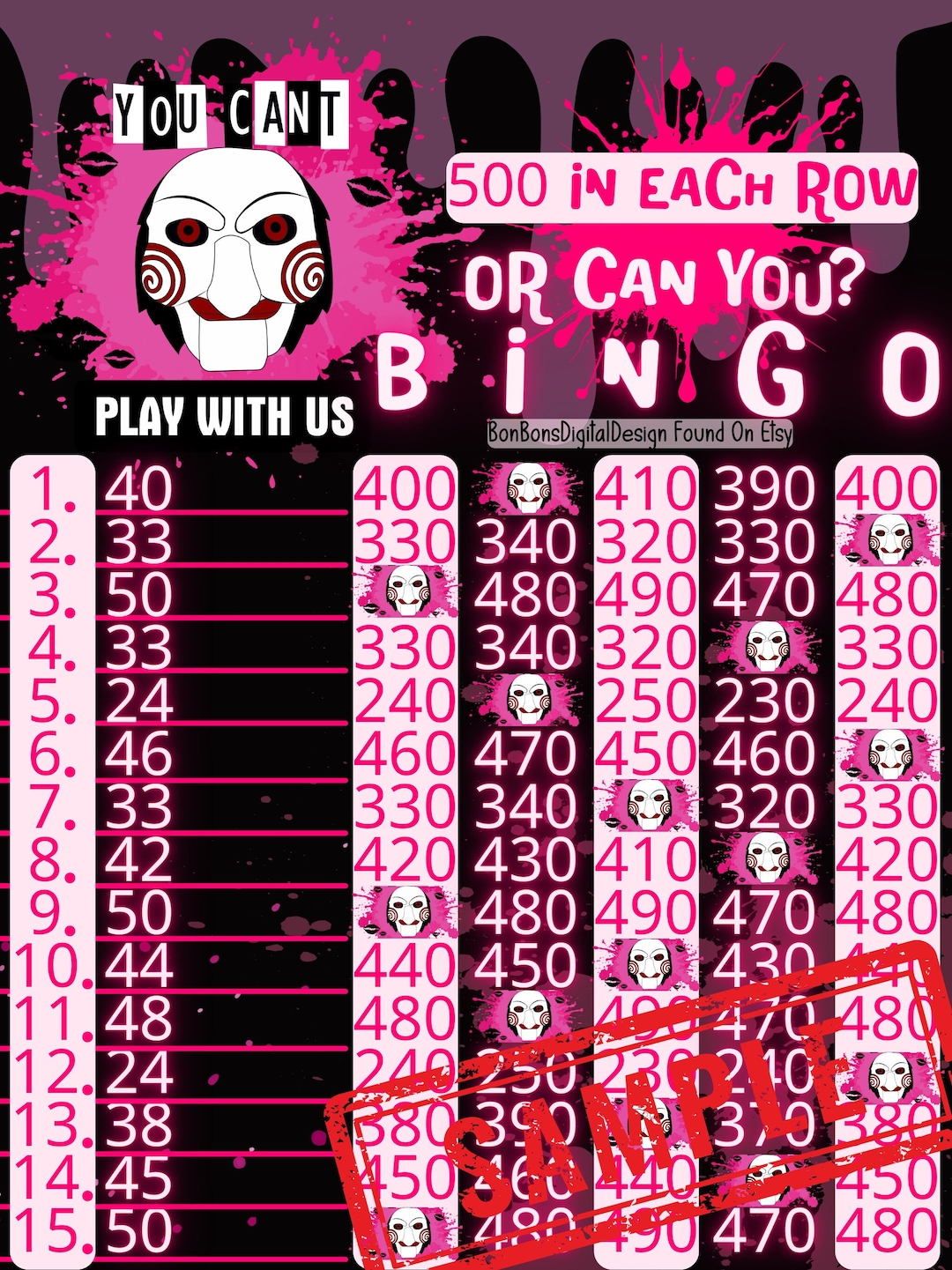 500 HR PYP Profit WTA 15 Line Bingo Board , Halloween Bingo, 500 in ...