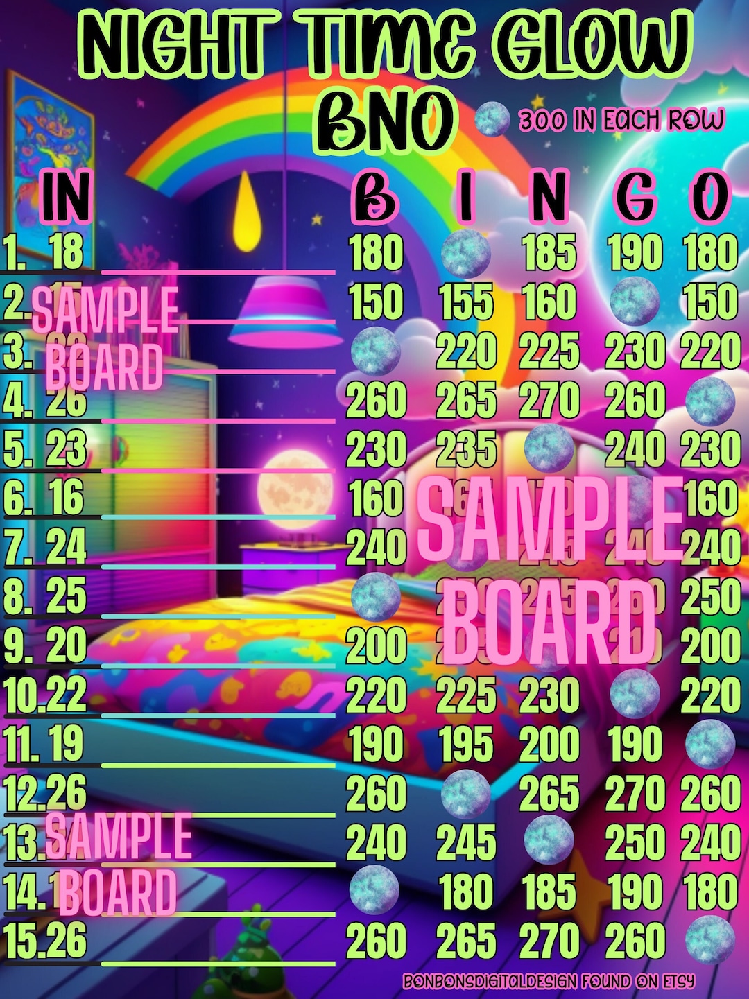 Night Time Glow 300 in Each Row PYP 15 Line Bingo Board, Neon Glow ...