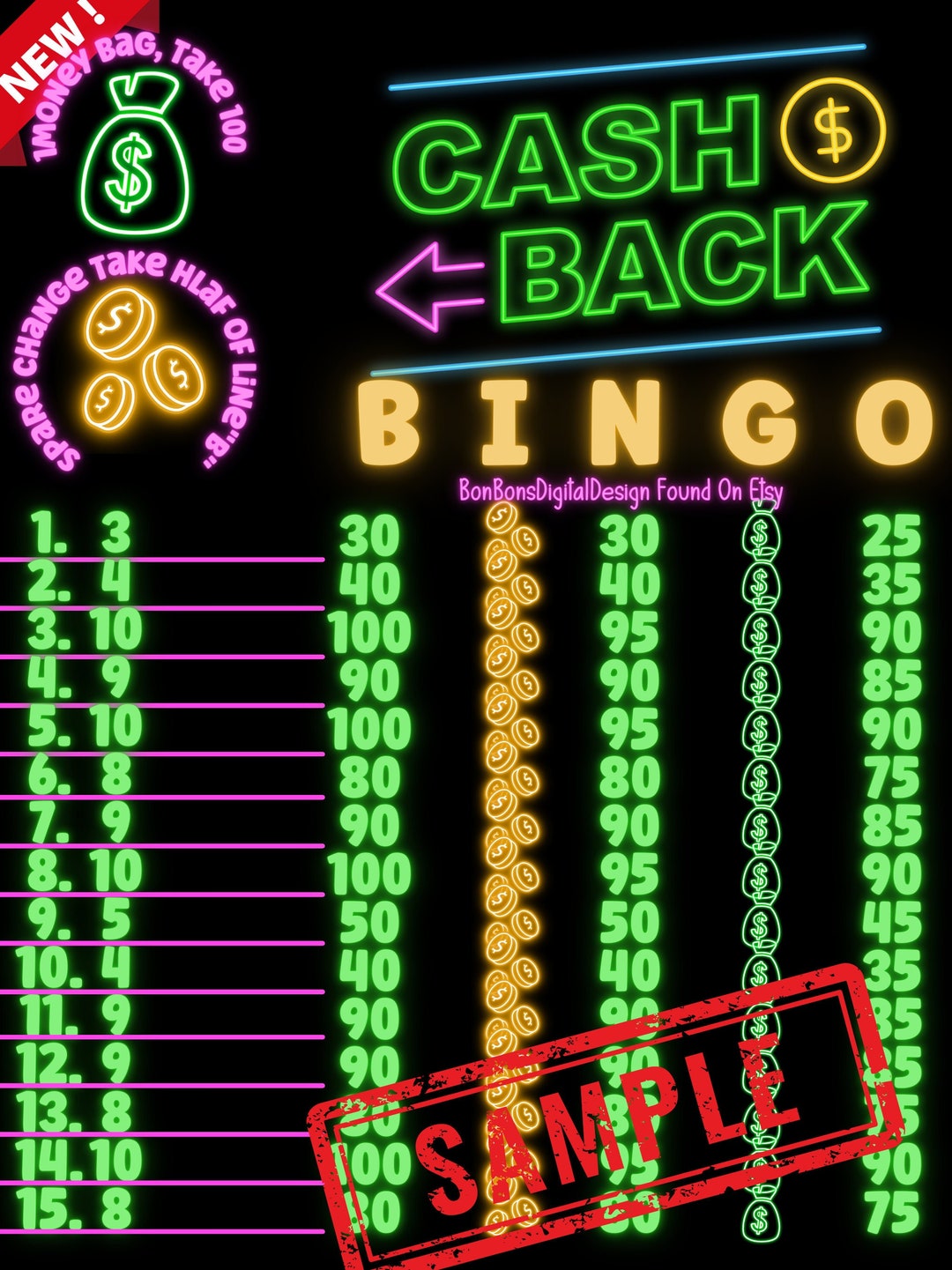 100 in Each Row PYP Cash Back Neon Glow 15 Line Bingo Board , Small ...