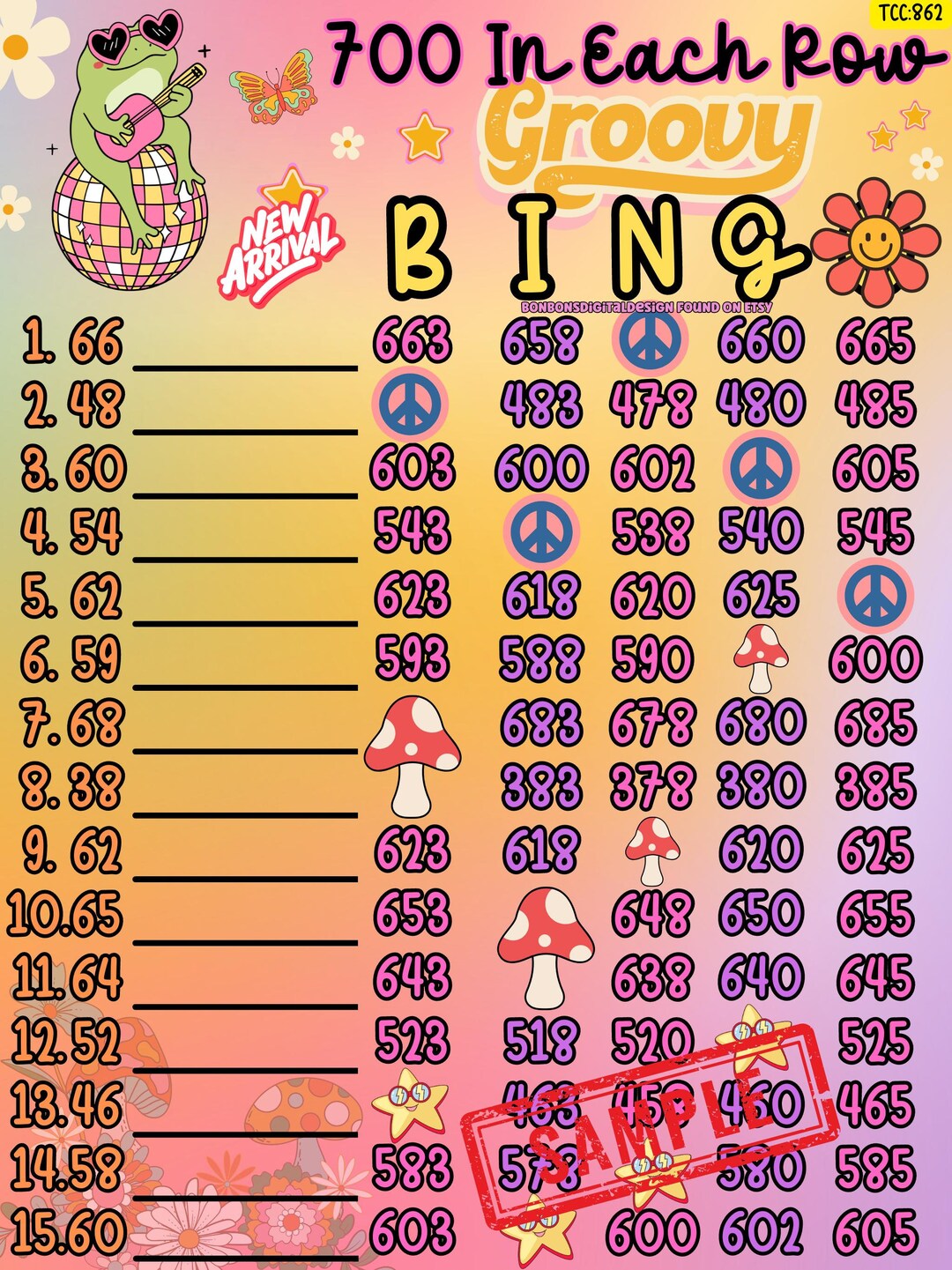 Groovy 700 in Each Row 15 Line Bingo Board, 700 PYP PRO WTA Bingo Board ...