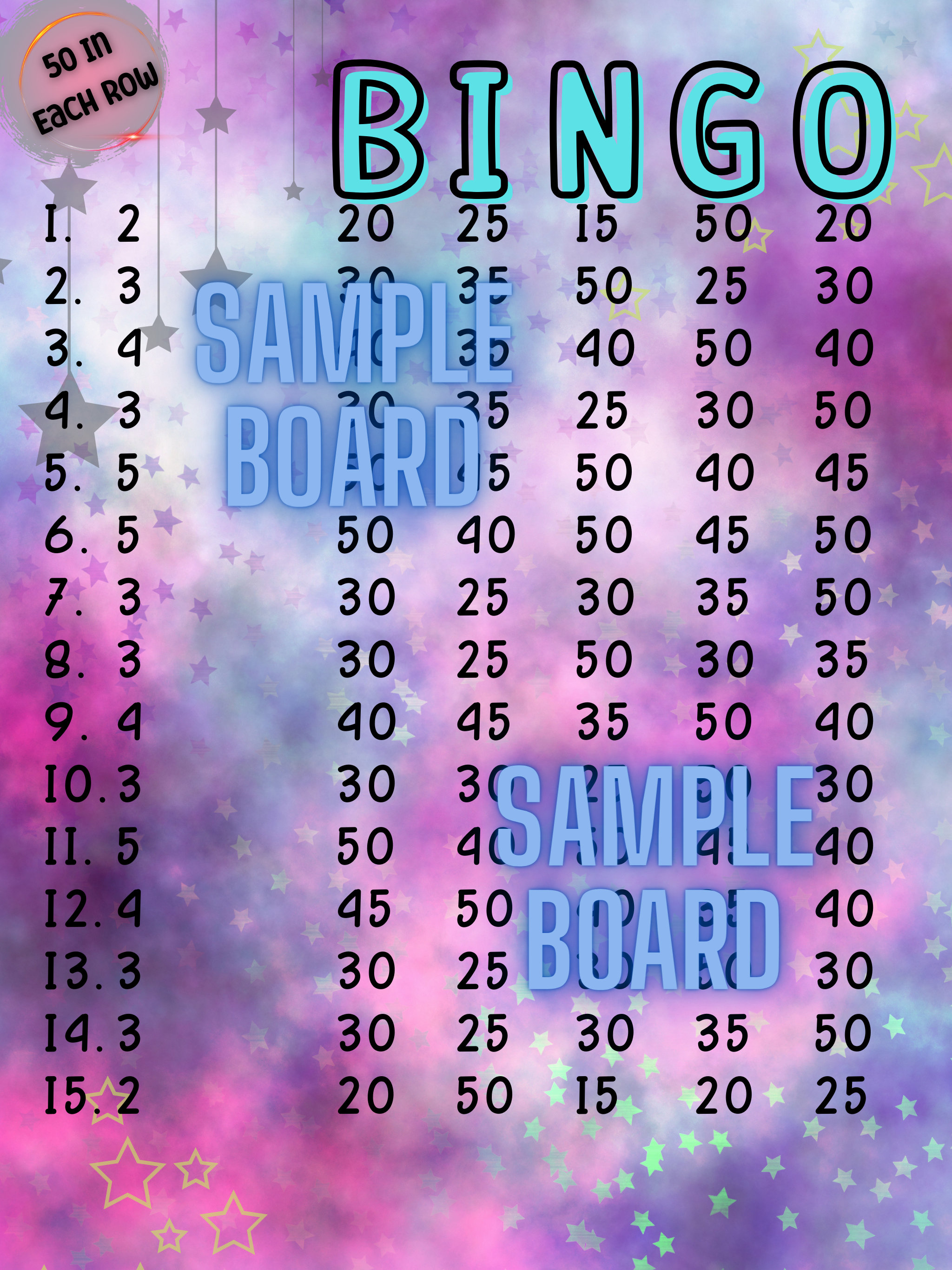 50 in Each Row WTA 15 Line Bingo Board, PYP Bingo Boards - Etsy