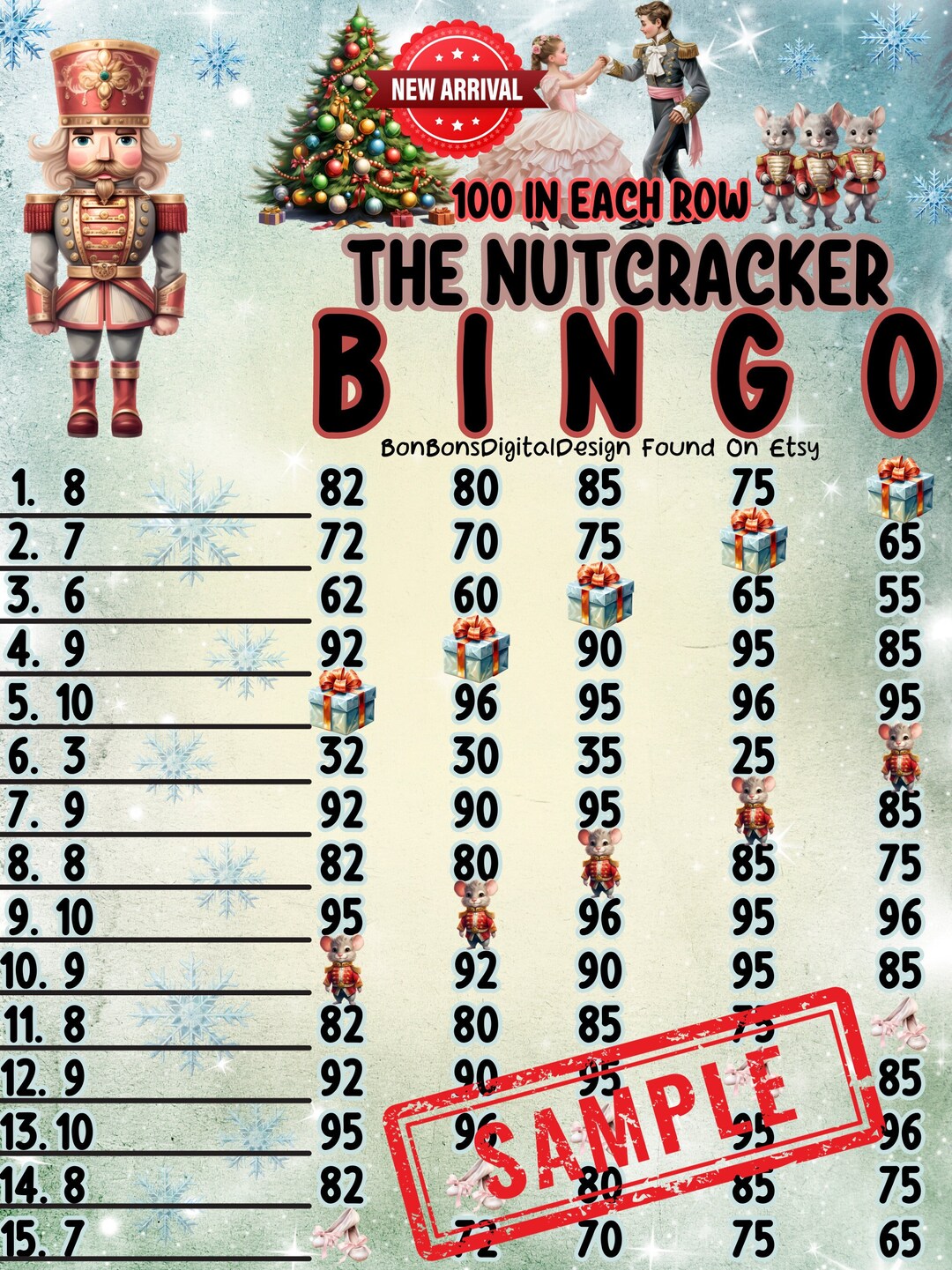 100 in Each Row WTA PYP Nutcracker 15 Line Bingo Board , Christmas ...