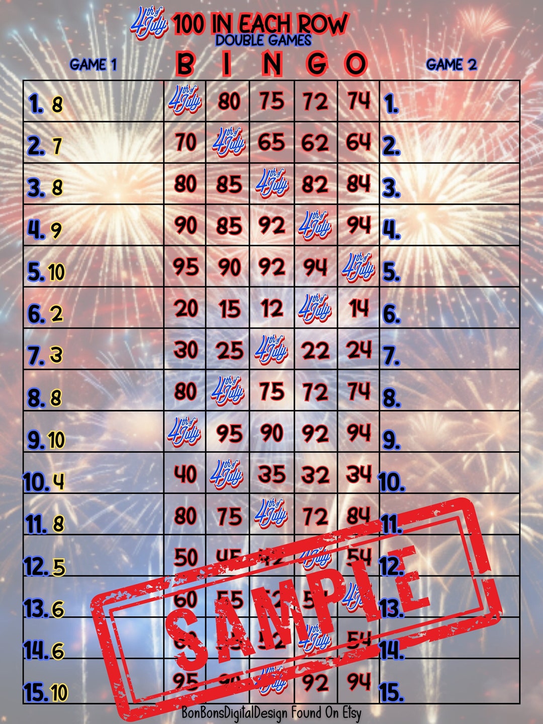 Double Bingo 100 WTA PYP 15 Line Bingo Board , 4th of July Bingo - Etsy