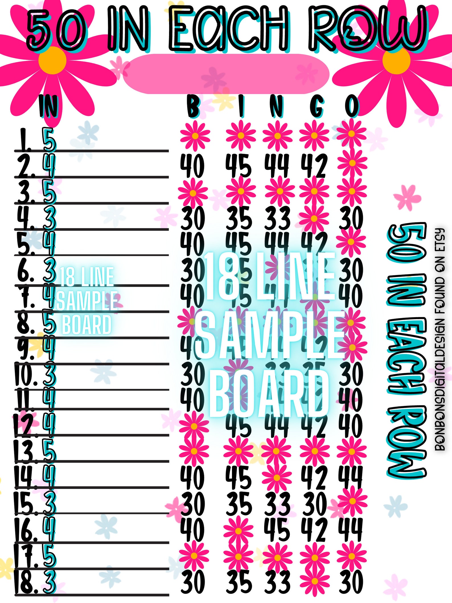 50 in Each Row WTA PYP 18 Line Bingo Board, 90 Ball Bingo, 18 Line ...