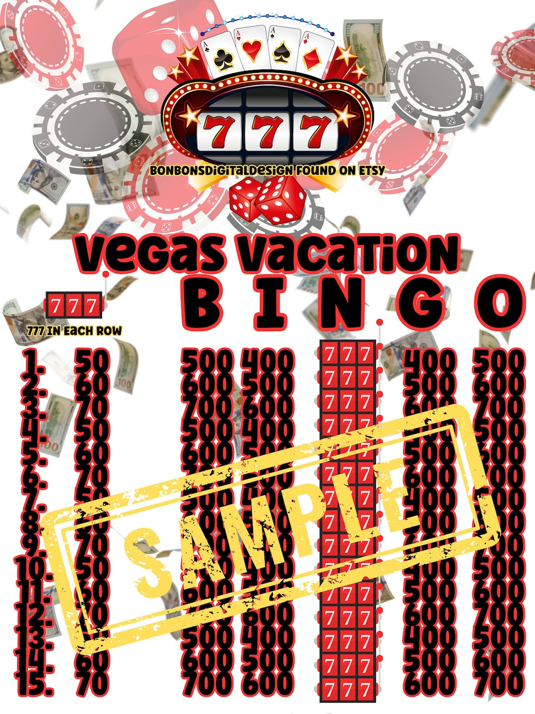 Vegas Vacay High Roller 15 Line Bingo Board - Etsy