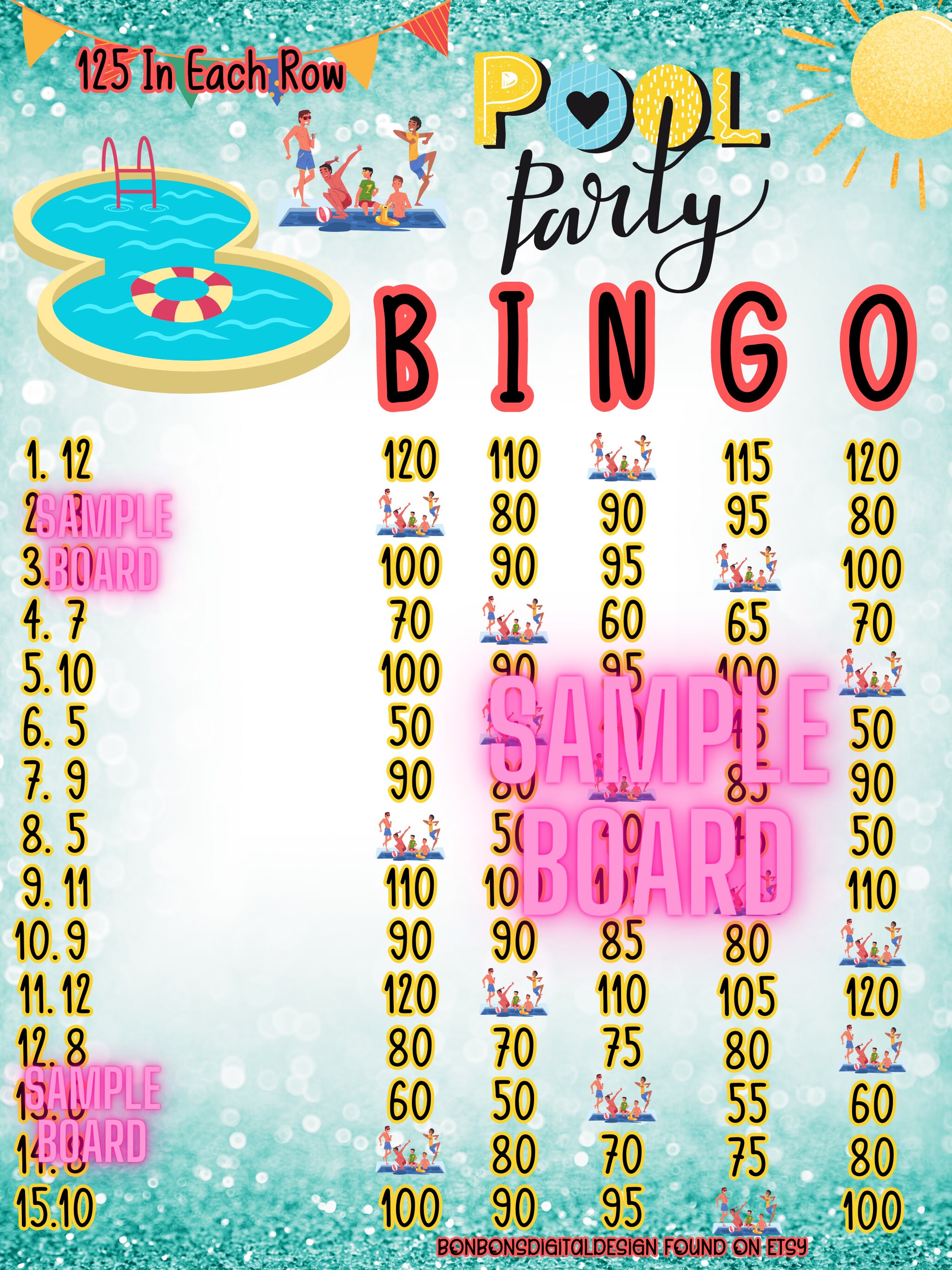 Pool Party 125 WTA 15 Line Bingo Board - Etsy