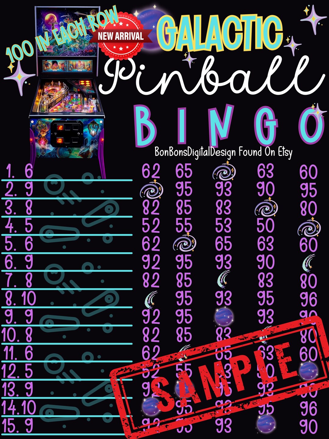 100 in Each Row PYP Galactic 15 Line Bingo Board , Small Profit Bingo ...