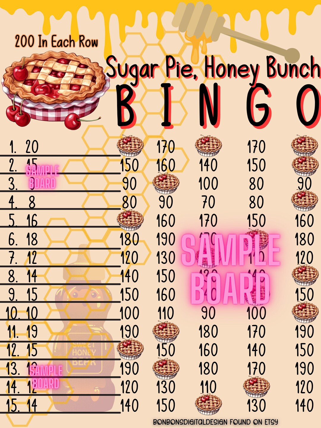 Sugar Pie Honey 200 in Each Row HR WTA 15 Line Bingo Board, Summer ...