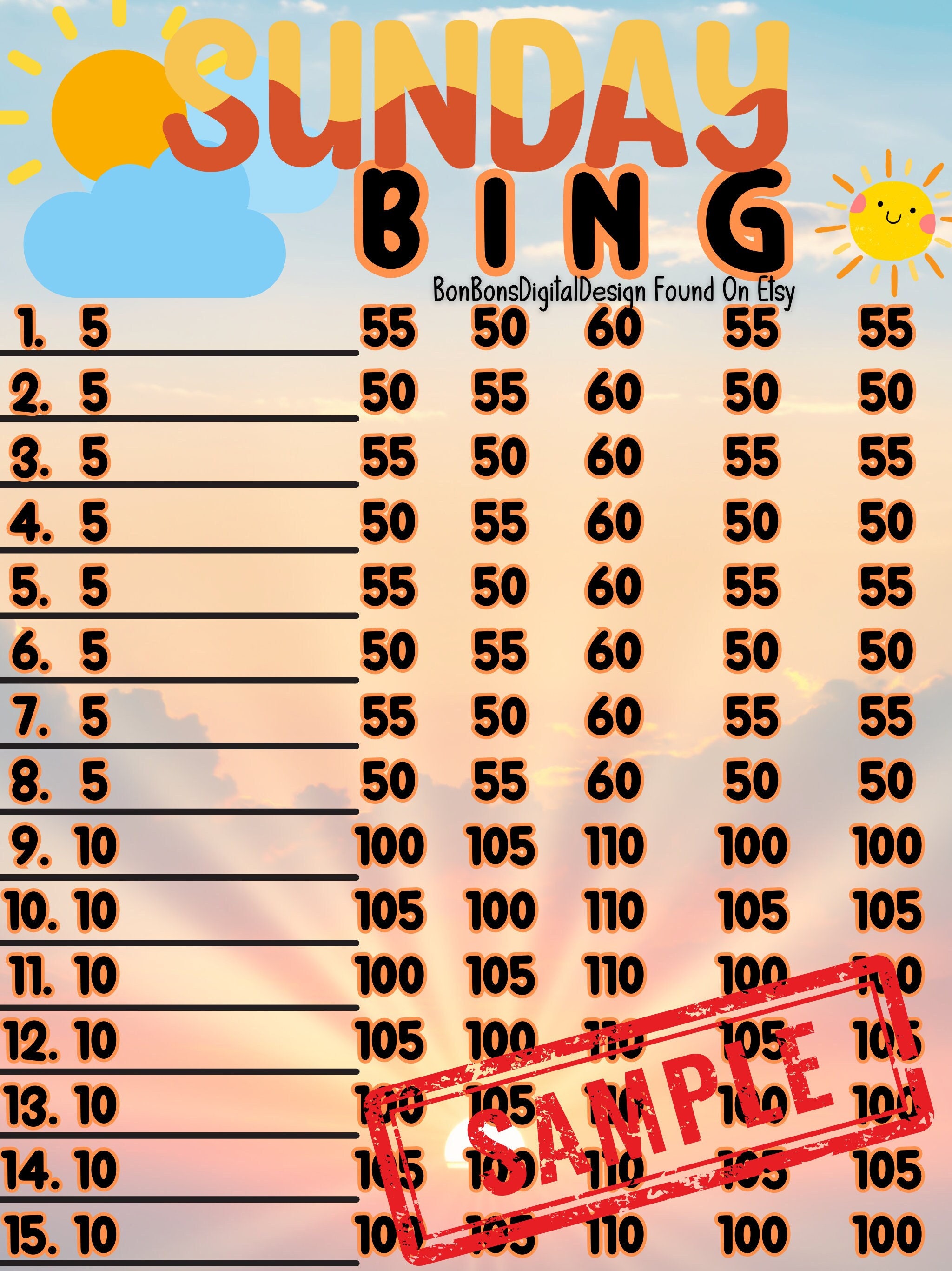 50 100 PYP Pro WTA 15 Line Bingo Board , Sunday Bingo Mix - Etsy