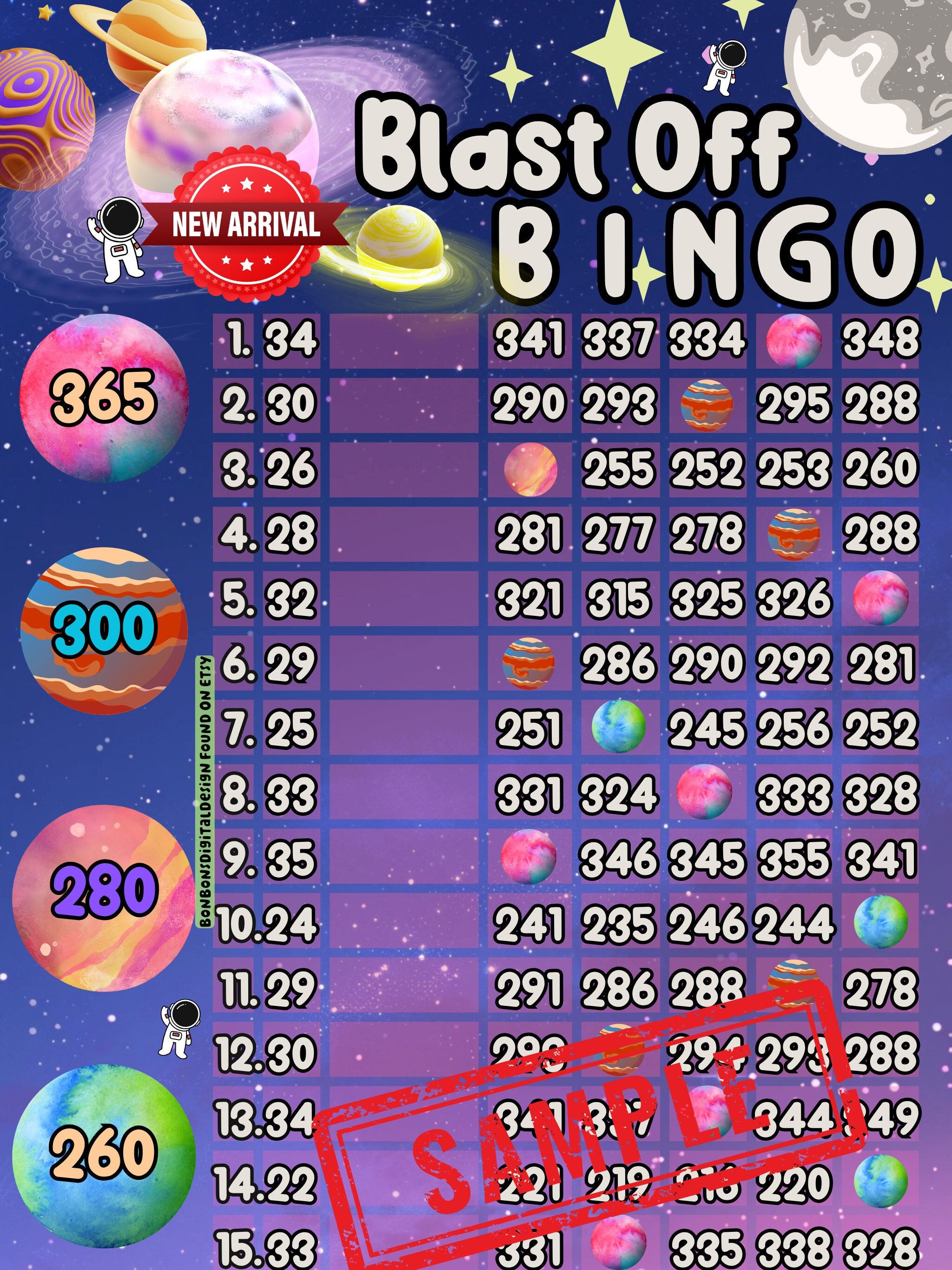 PYP Pro WTA 15 Line Bingo Board , Planet Bingo, Multiple Wins Bingo, HR ...