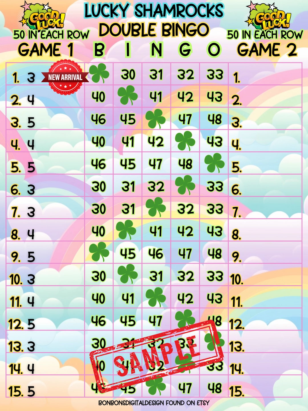 Double Bingo 50 PYP Pro WTA 15 Line Bingo Board, St. Patricks Day Bingo ...