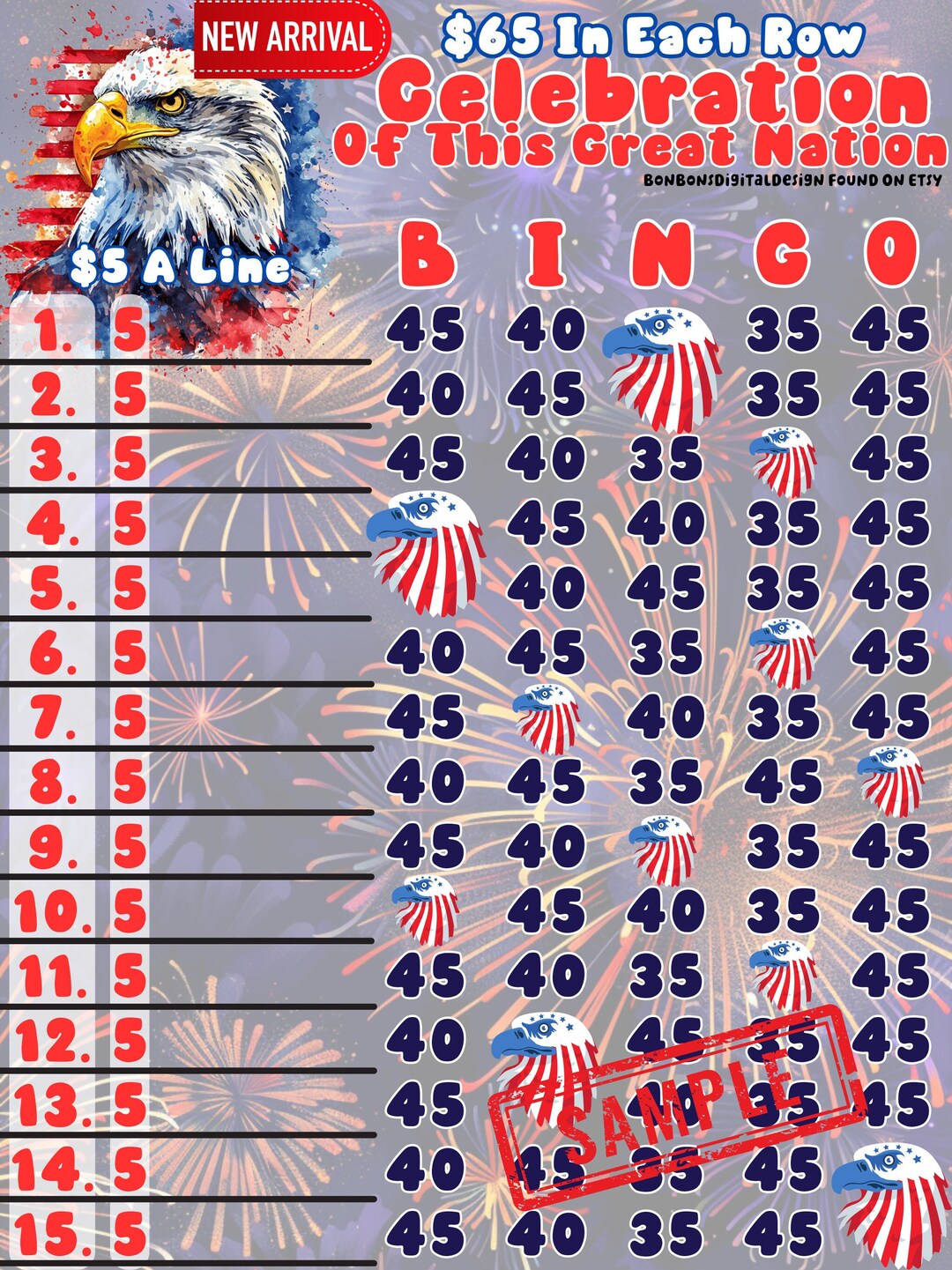 65 Pro PYP WTA Profit 4th of July 15 Line Bingo Board, Independence Day ...