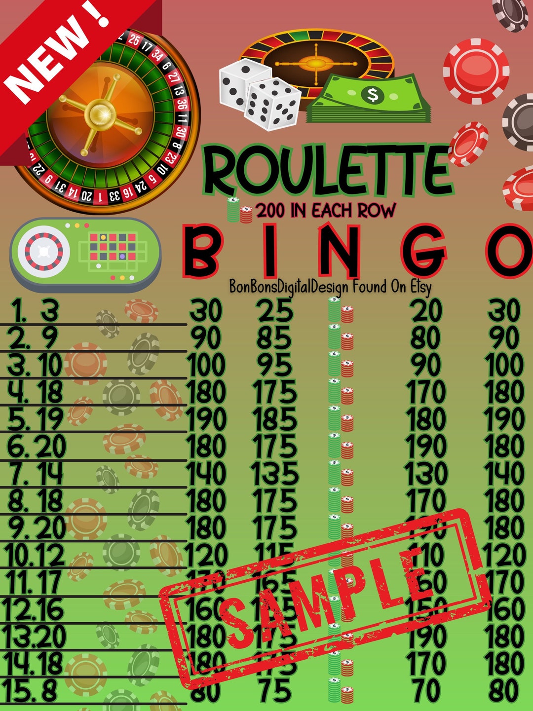 Roulette 200 WTA PYP 15 Line Bingo Board - Etsy