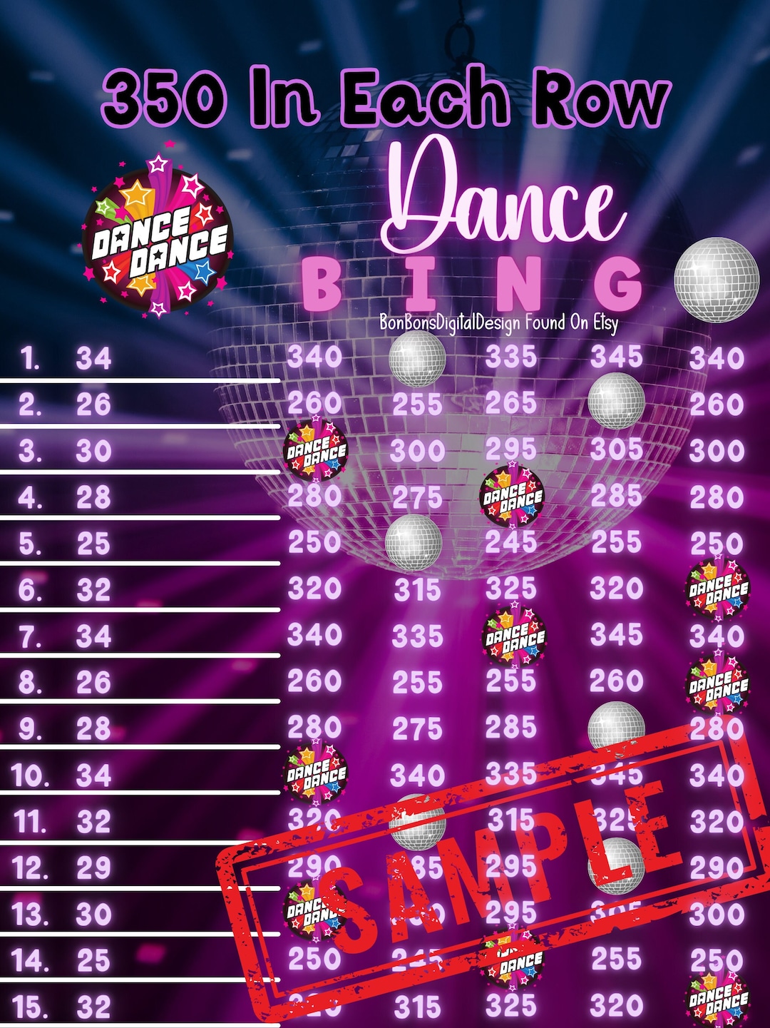 350 PYP Pro WTA 15 Line Bingo Board , 350 in Each Row Dance Bingo - Etsy