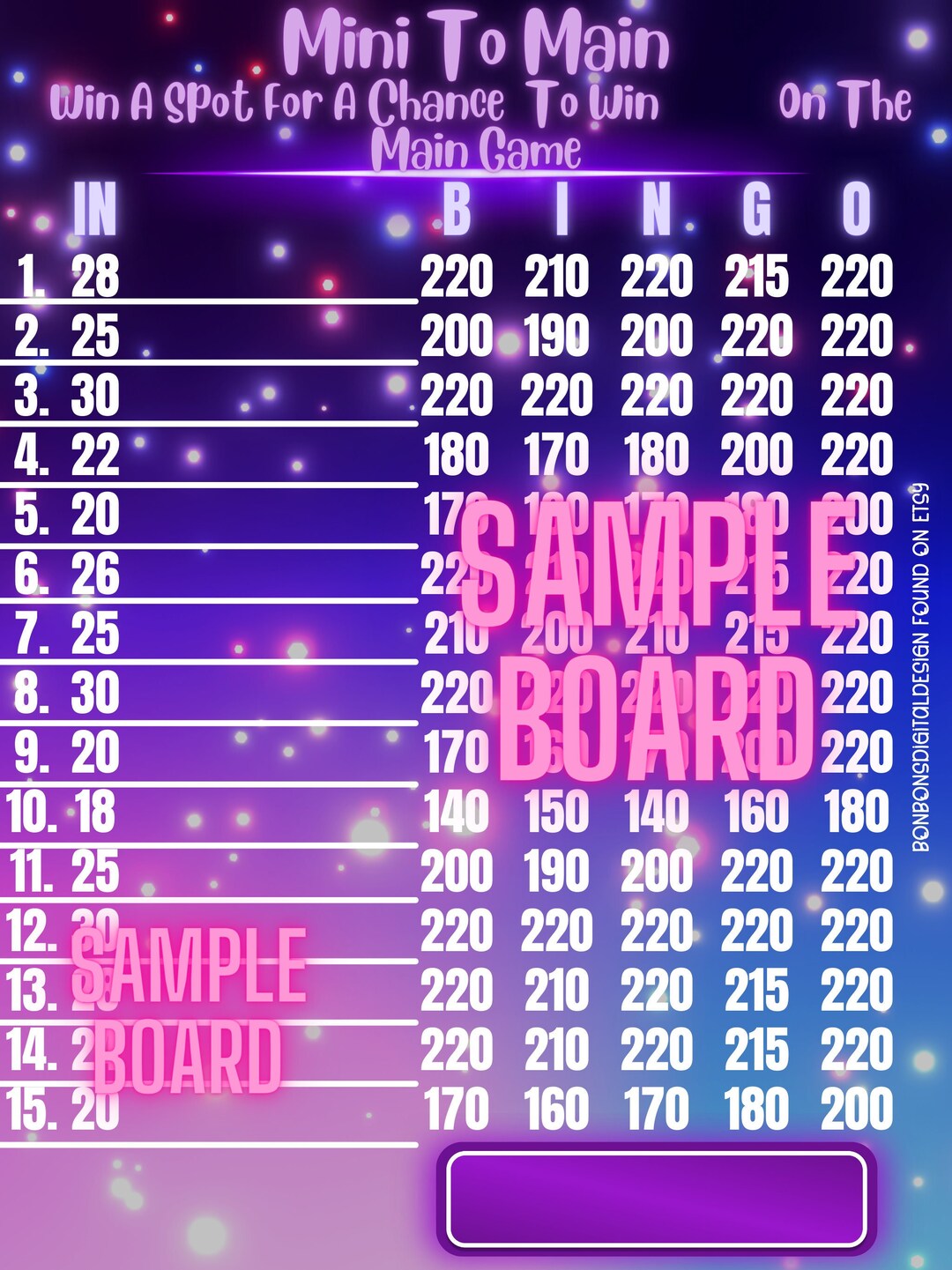 Tableau de bingo à 15 lignes High Roller Mini to Main, tableau de bingo ...