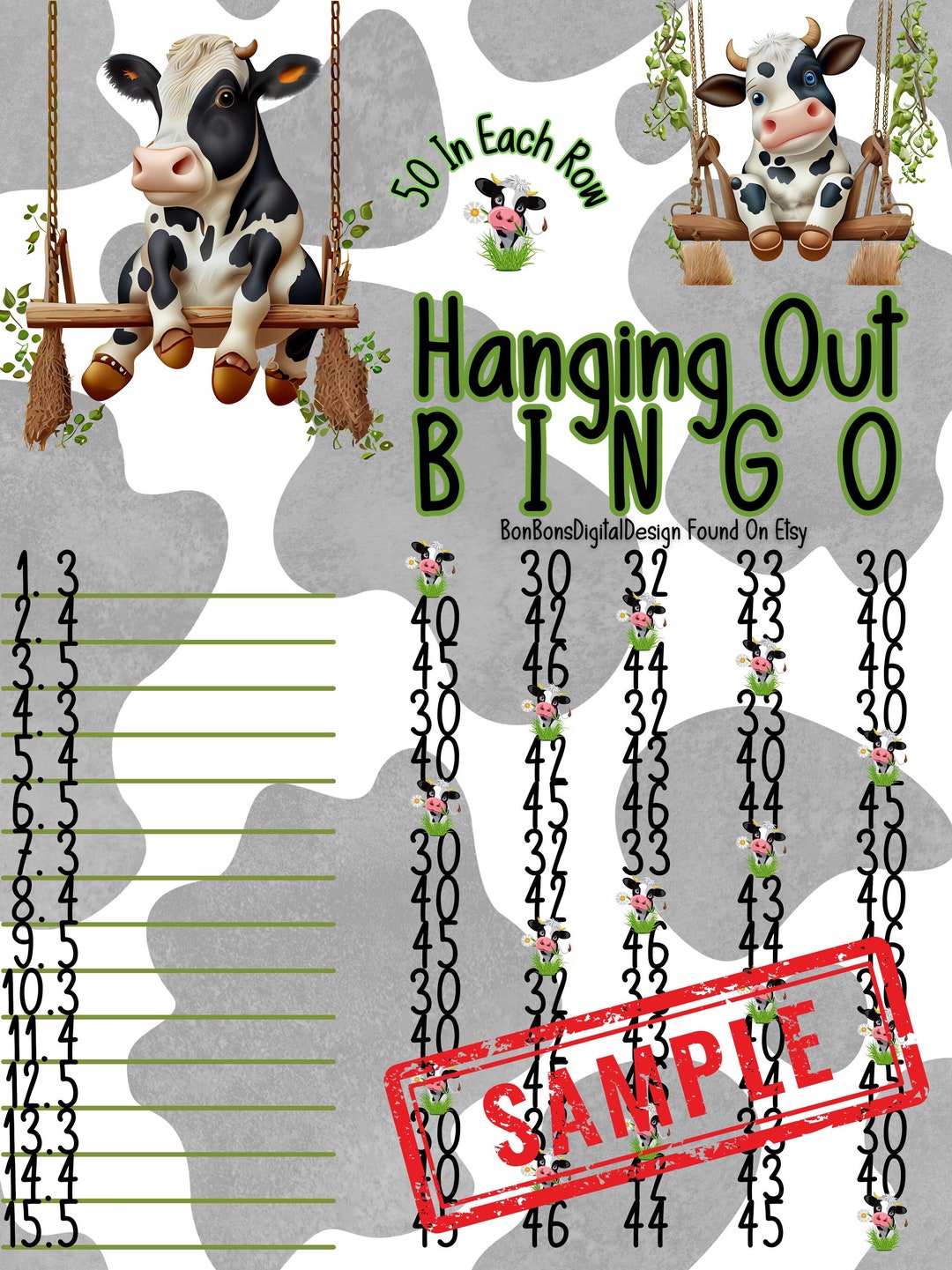 50 in Each Row WTA PYP 15 Line Bingo Board , Cow Bingo - Etsy
