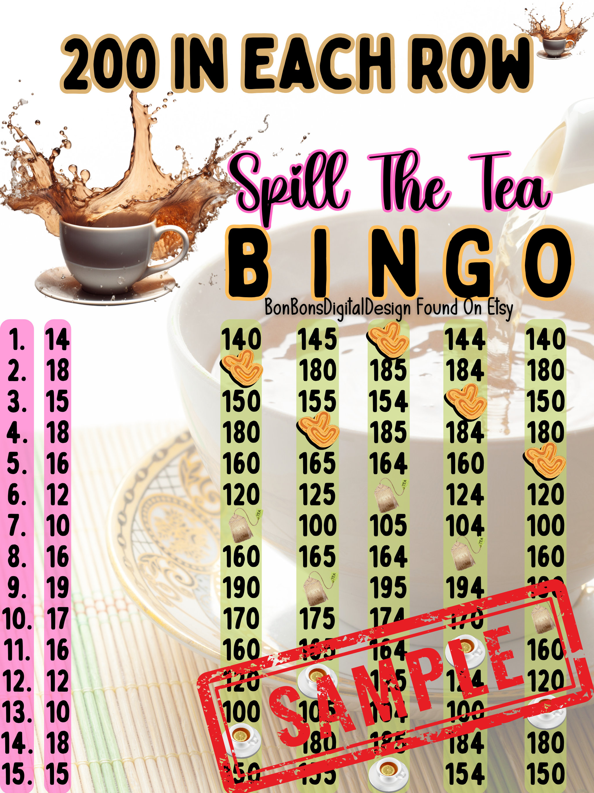 200 PYP Pro WTA Spill the Tea 15 Line Bingo Board, 200 in Each Row ...