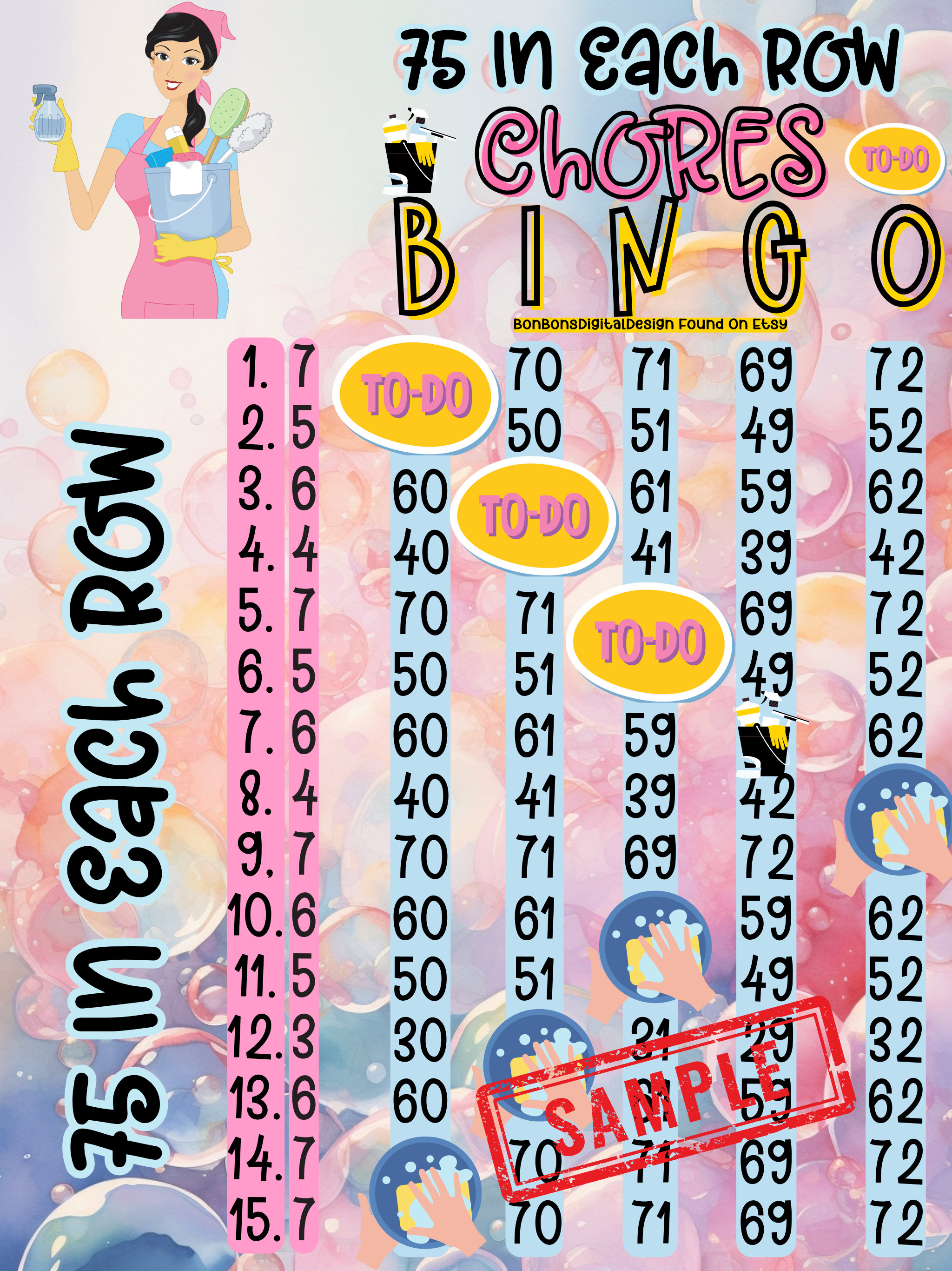 75 in Each Row Chores WTA PYP 15 Line WTA Bingo Board, Low in Bingo - Etsy