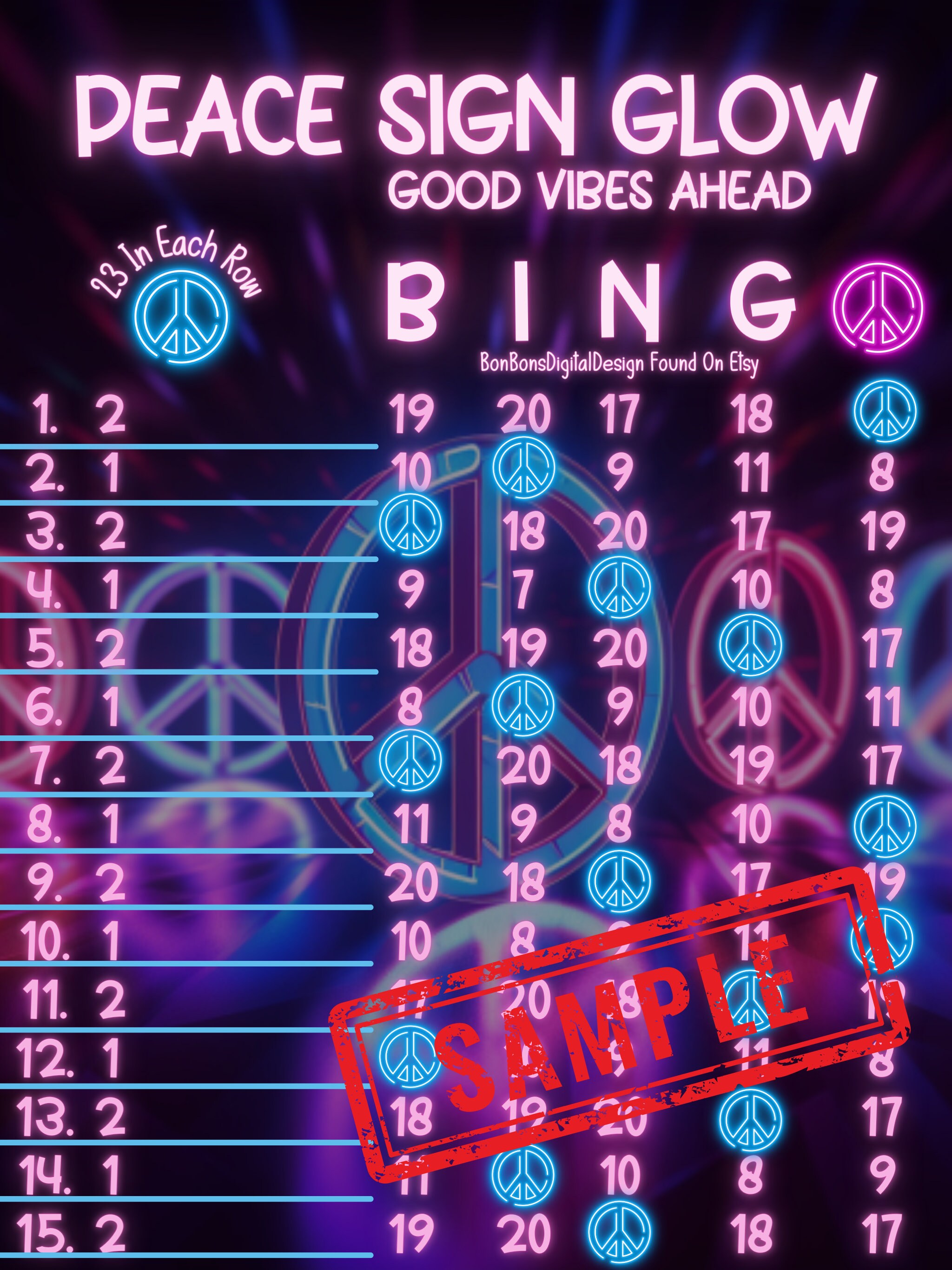 Peace Sign Glow 15 Line Bingo Board, PYP Bingo Board, Glow Bingo Board ...