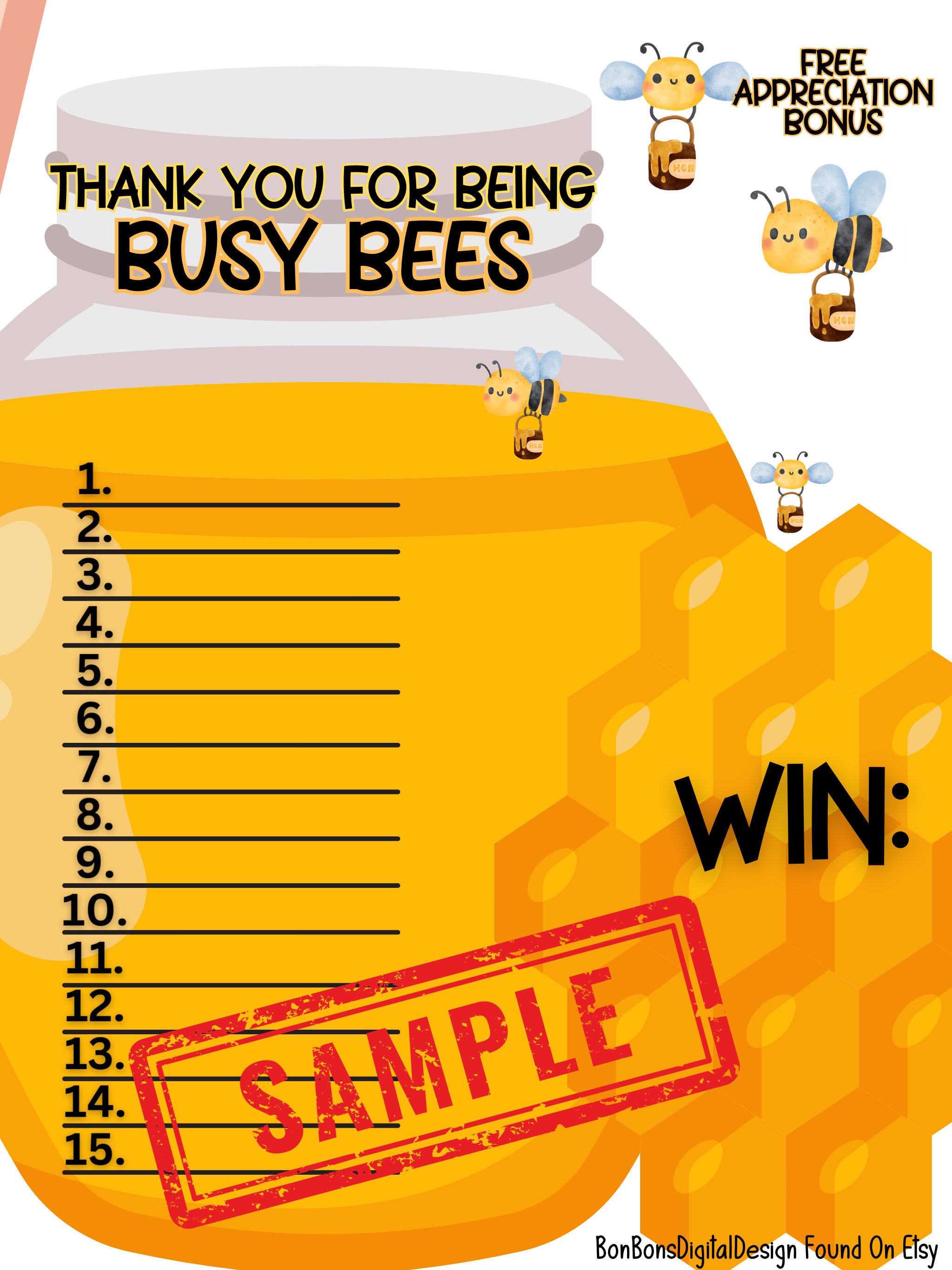 Bees Freebie Thank You Appreciation 15 Line Bingo Board - Etsy