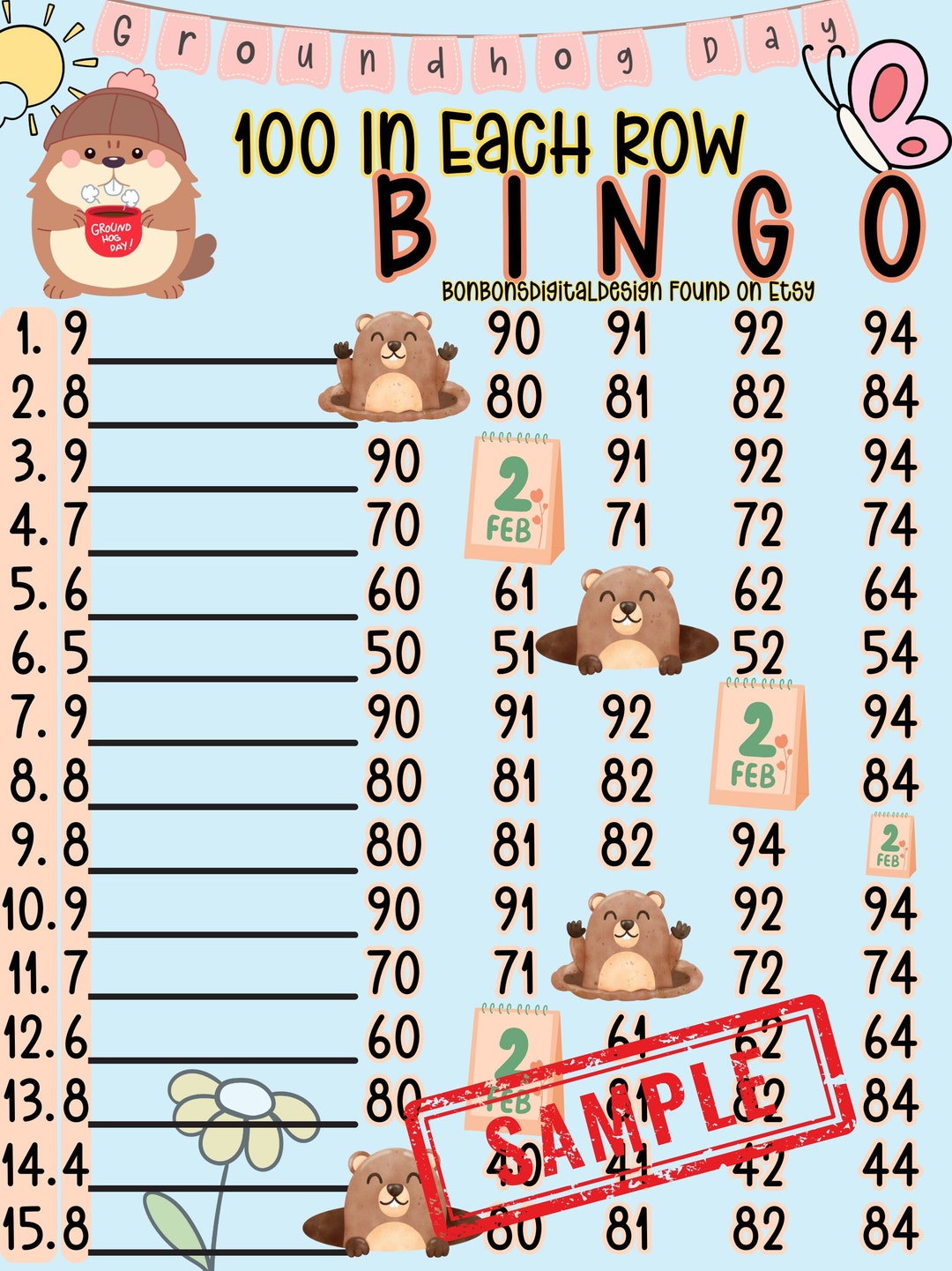 100 in Each Row PYP Pro WTA Groundhog Day 15 Line Bingo Board ...