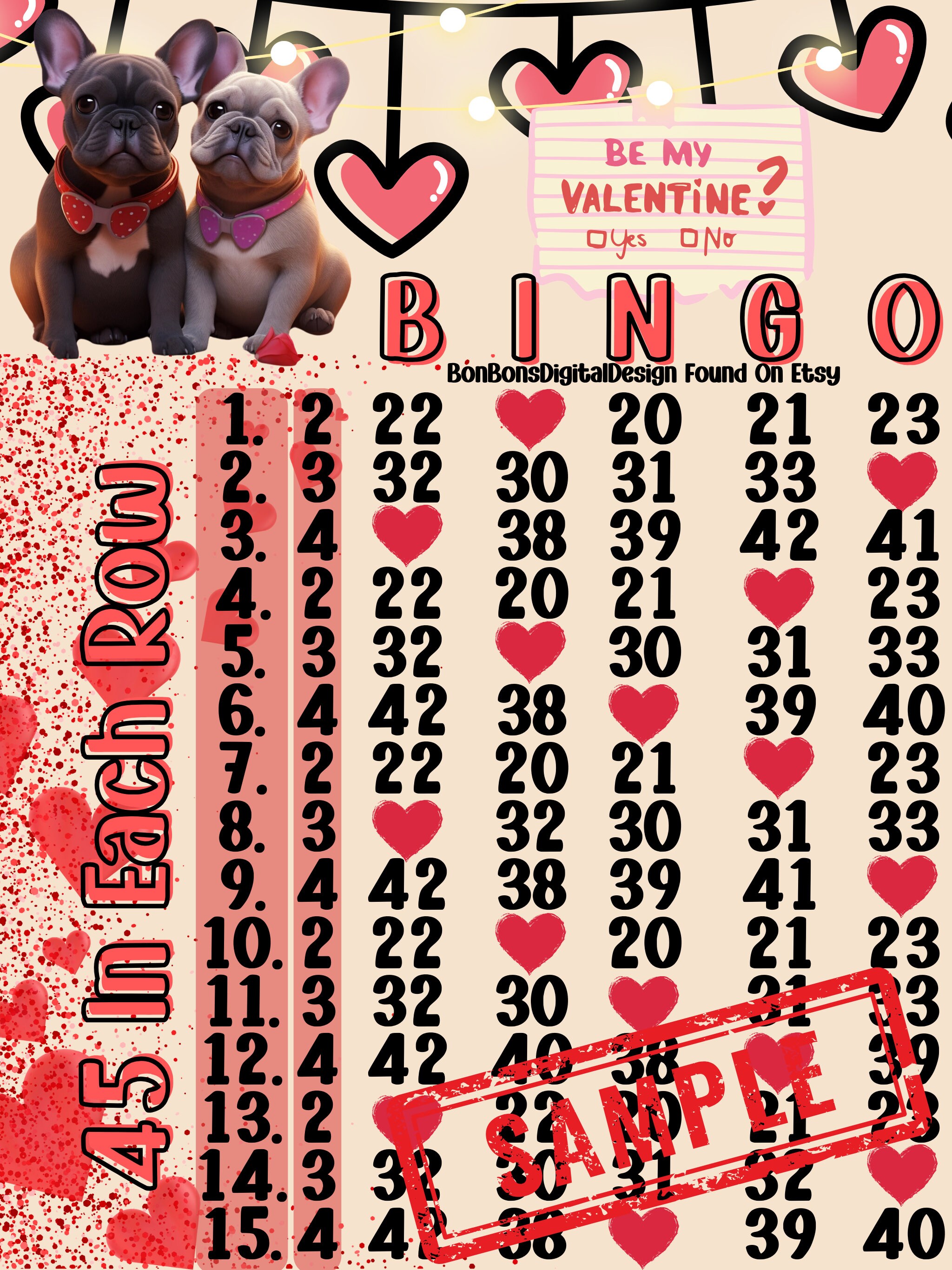 Valentines 45 PYP WTA 15 Line Bingo Board, 45 in Each Row Bingo ...