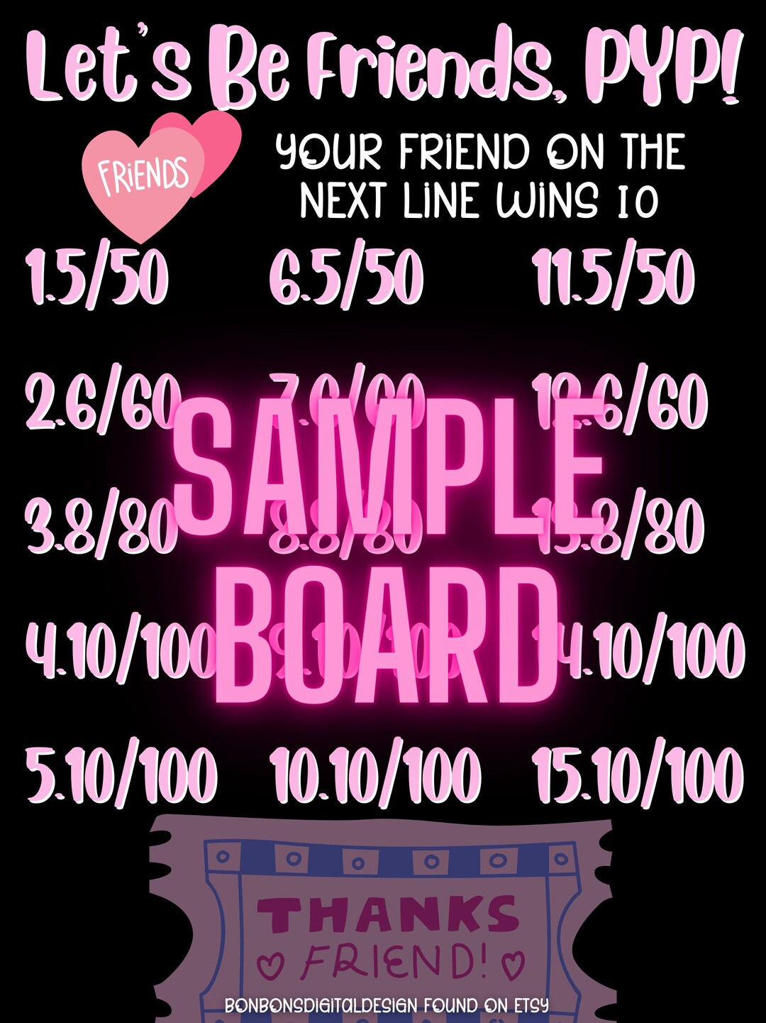 Lets Be Friends PYP 15 Line Bingo Board, Bonus Pay BNO Board - Etsy
