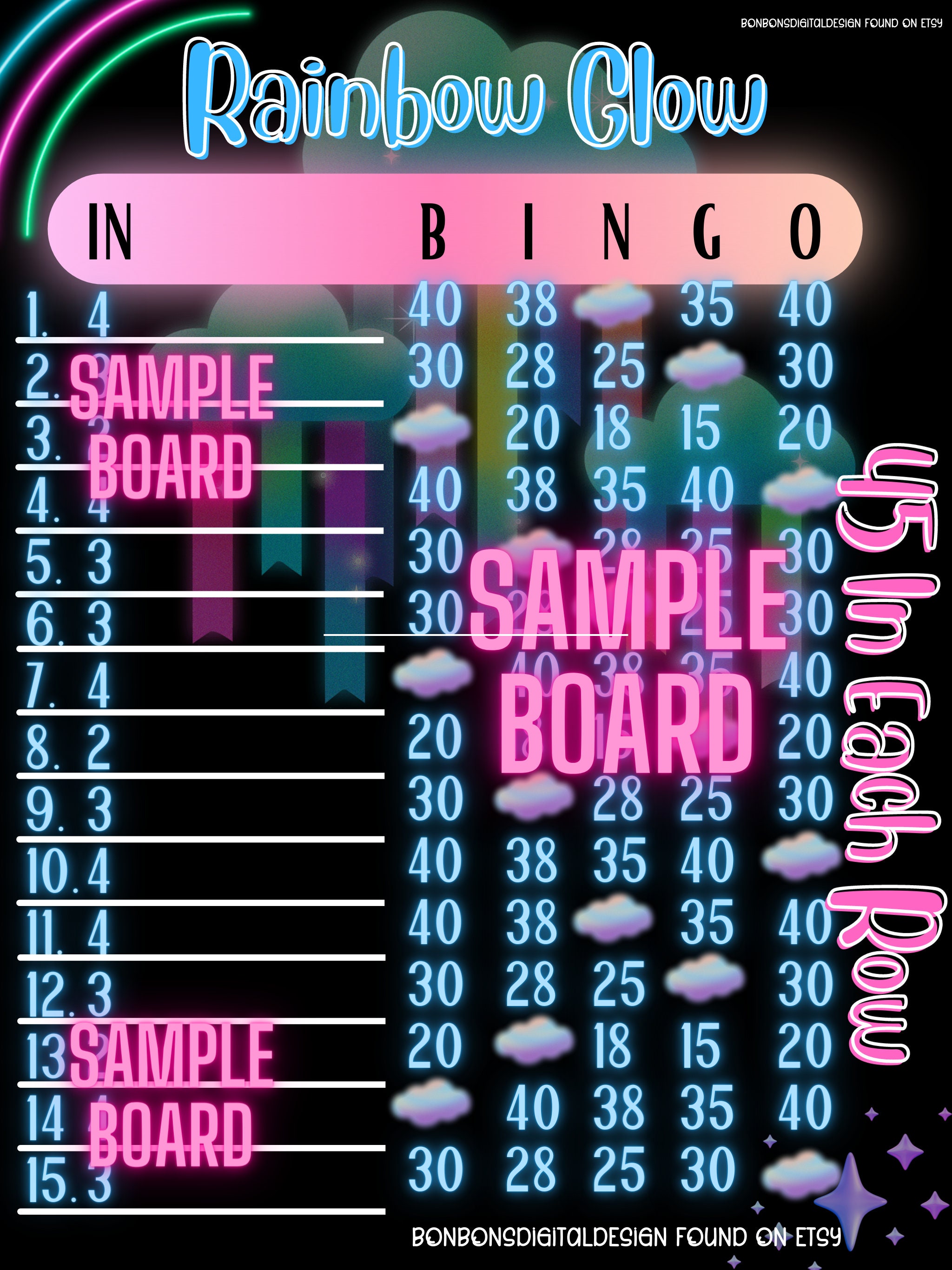 Rainbow Glow 45 in Each Row WTA 15 Line Bingo Board, PYP Bingo Board ...
