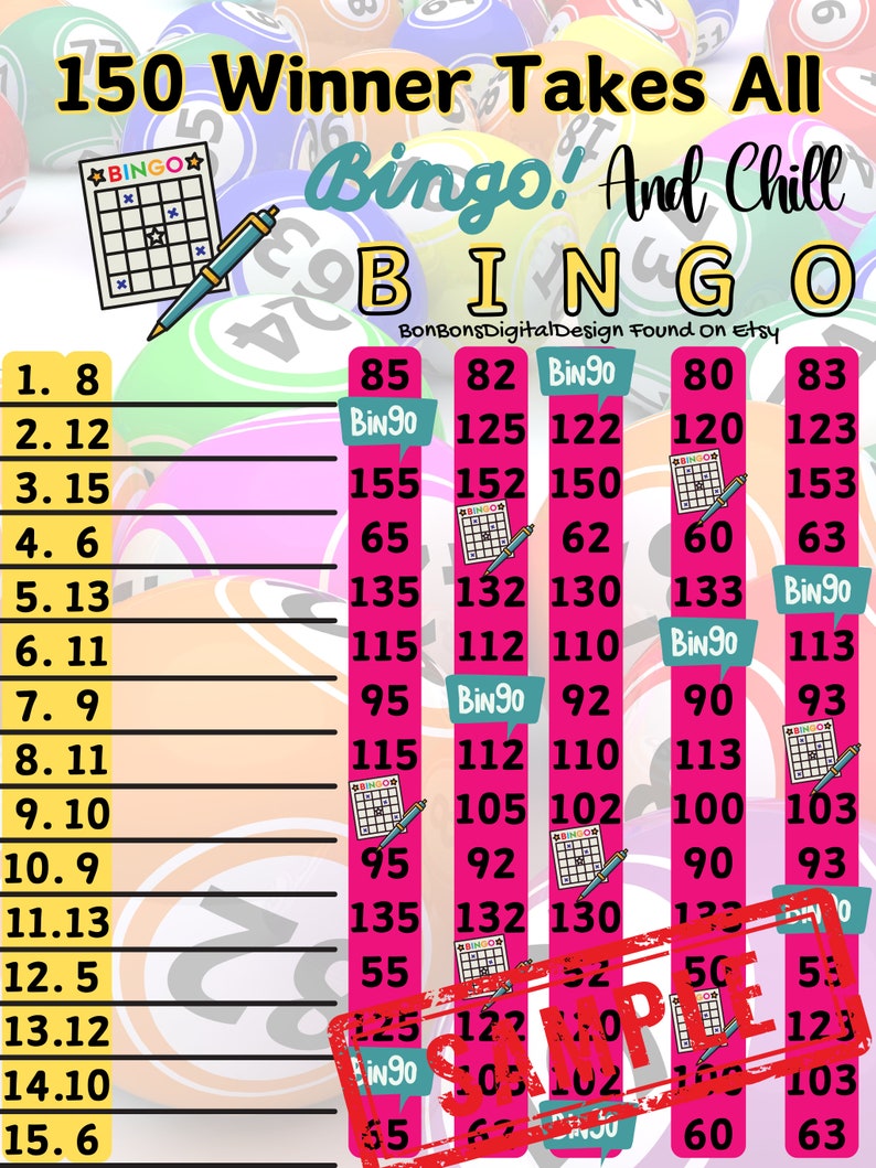 150 in Each Row WTA PYP Bingo and Chill 15 Line Bingo Board - Etsy