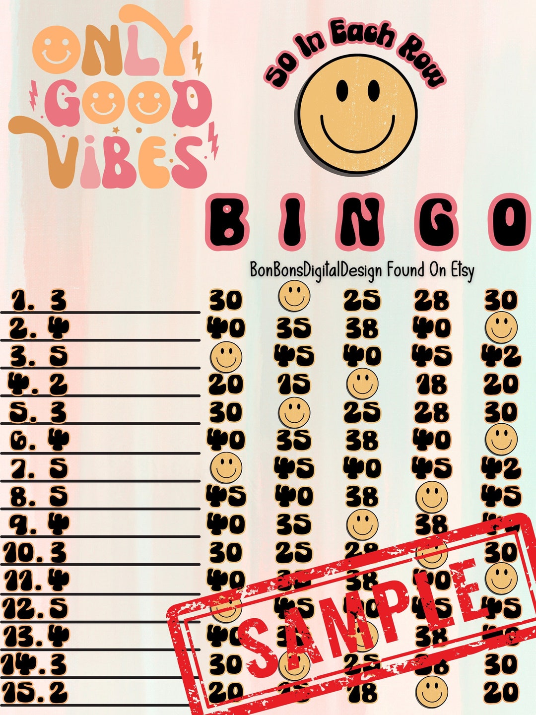 50 in Each Row 15 Line Bingo Board, Pyp Themed Bingo - Etsy