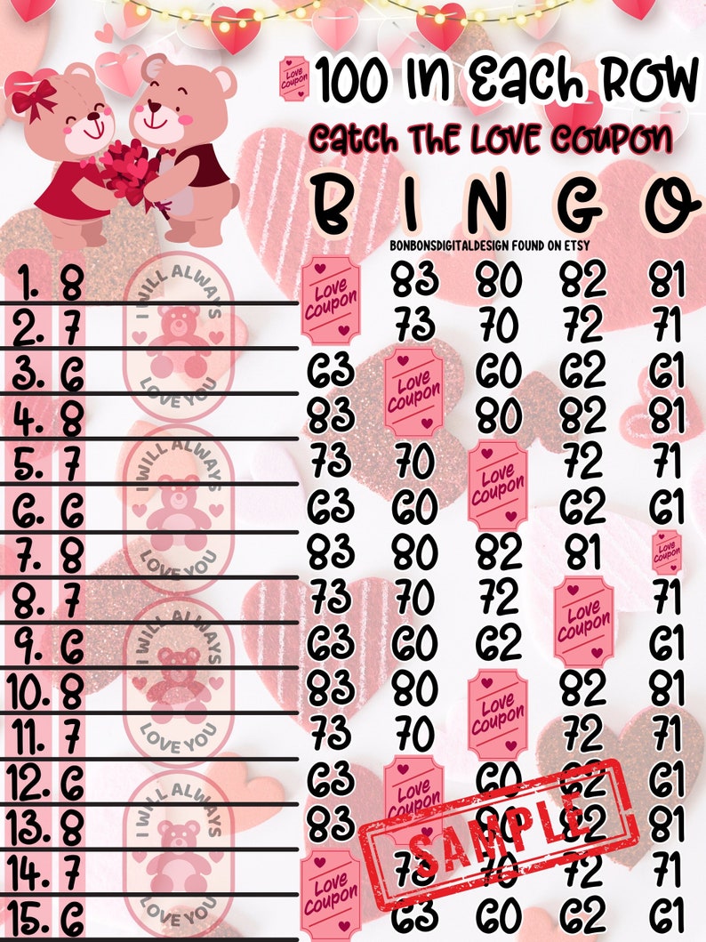 100 PYP Pro WTA 15 Line Bingo Board, 100 in Each Row Bingo, Valentines ...