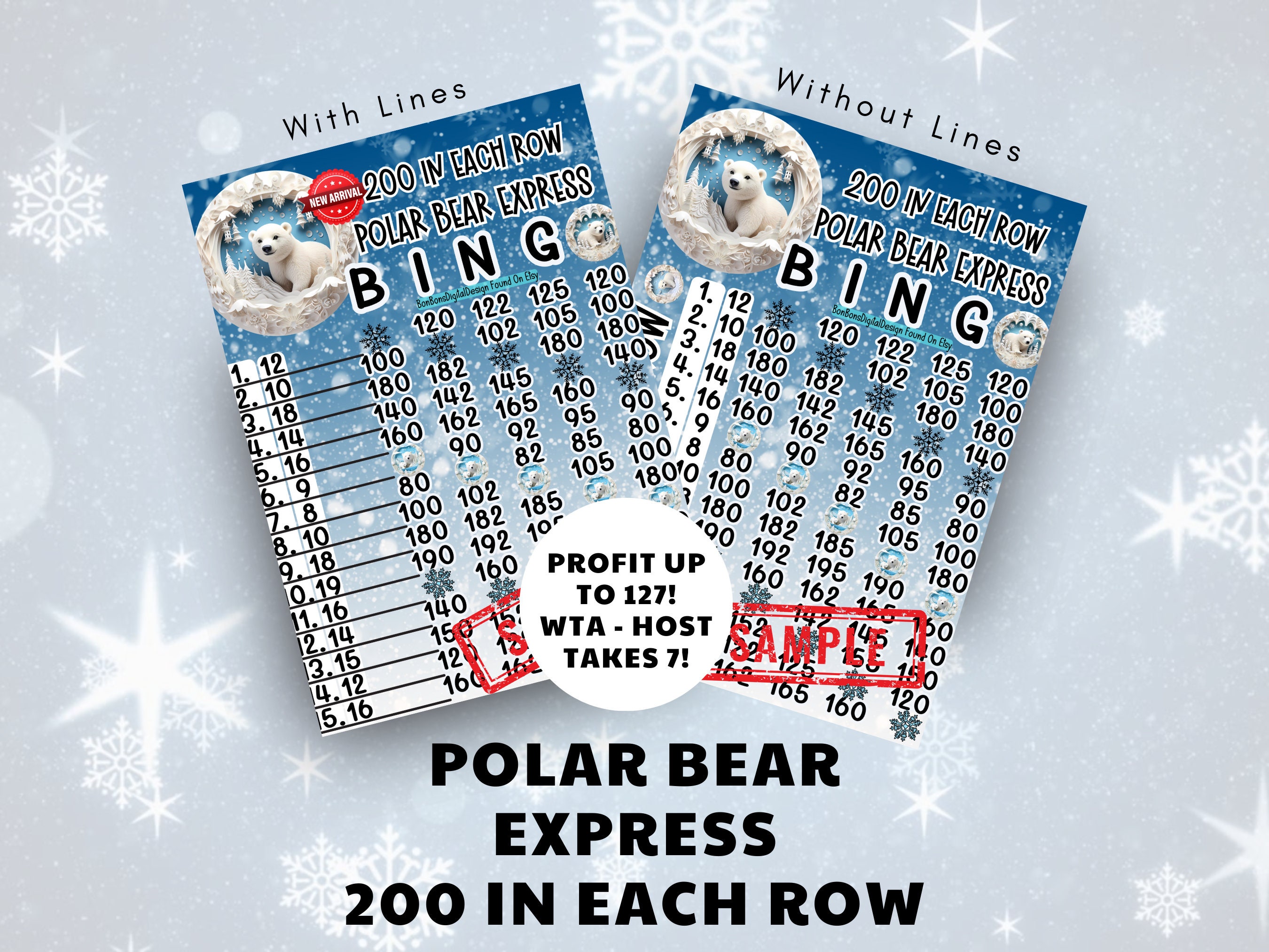 200 PYP Small Pro WTA Polar Bear 15 Line Bingo Board , 200 in Each Row ...