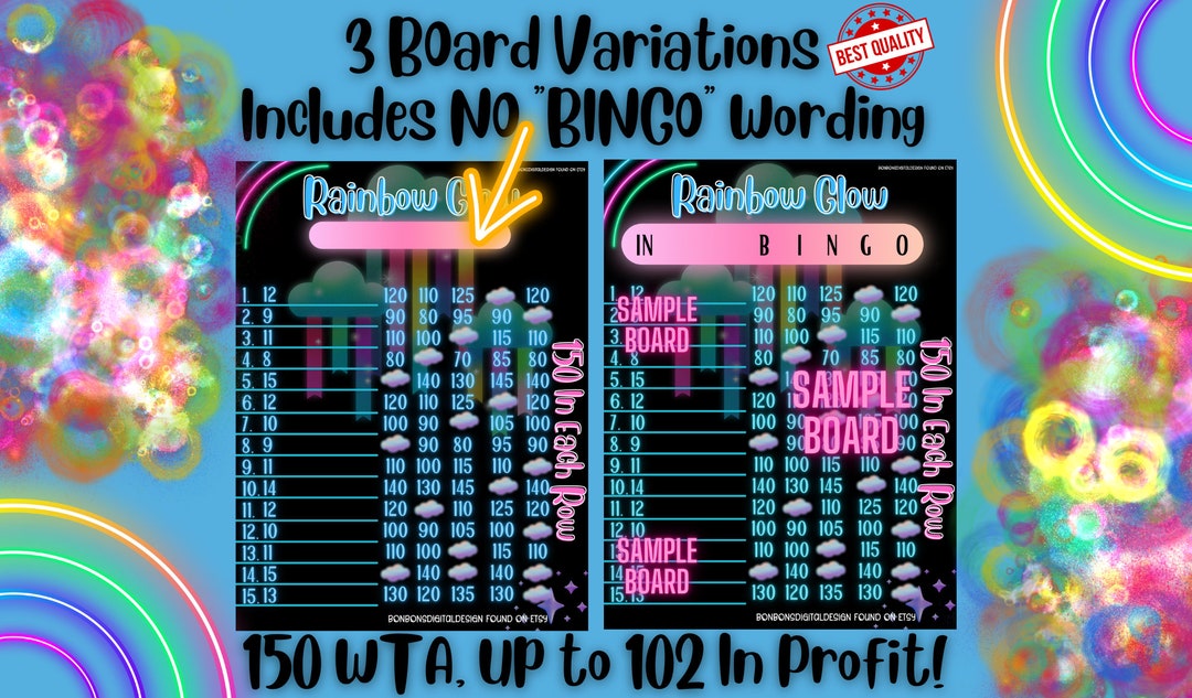 Rainbow Glow 150 in Each Row WTA 15 Line Bingo Board, PYP Bingo Board ...
