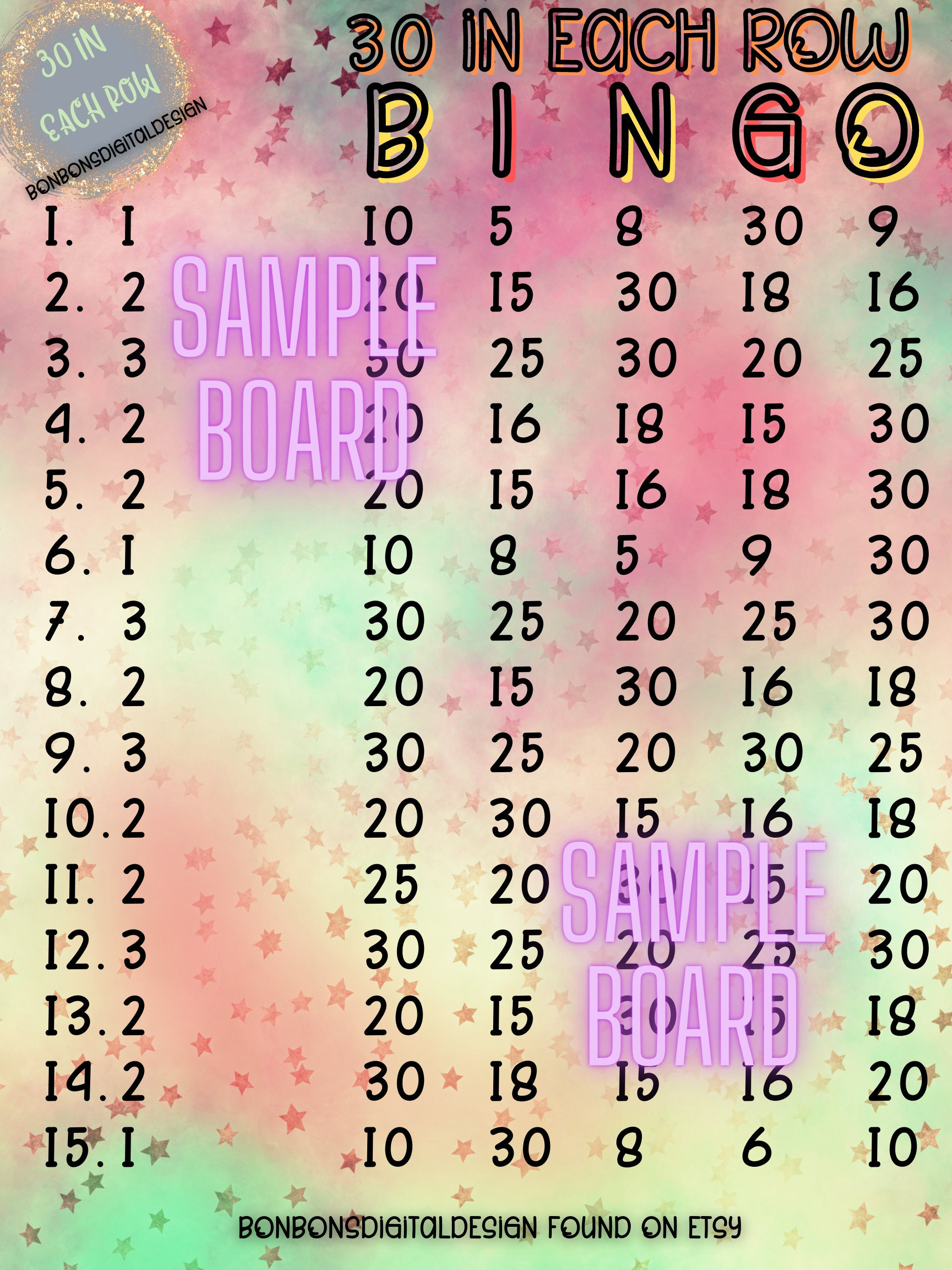 30 in Each Row WTA PYP 15 Line Bingo Board, Low WTA Bingo Board - Etsy