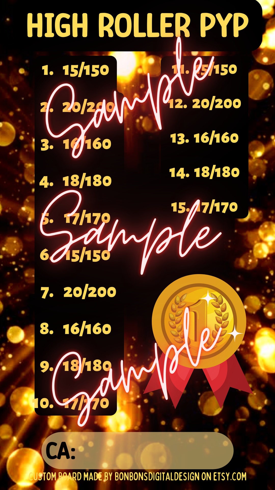 High Roller PYP 15 Line Bingo Board - Etsy