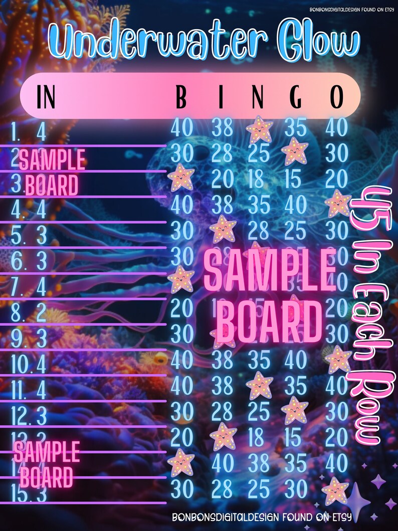 Underwater Glow 45 in Each Row WTA 15 Line Bingo Board PYP - Etsy