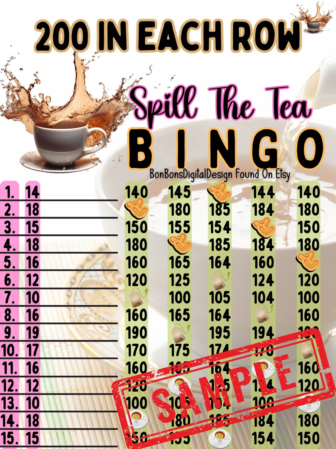 200 PYP Pro WTA Spill the Tea 15 Line Bingo Board, 200 in Each Row ...