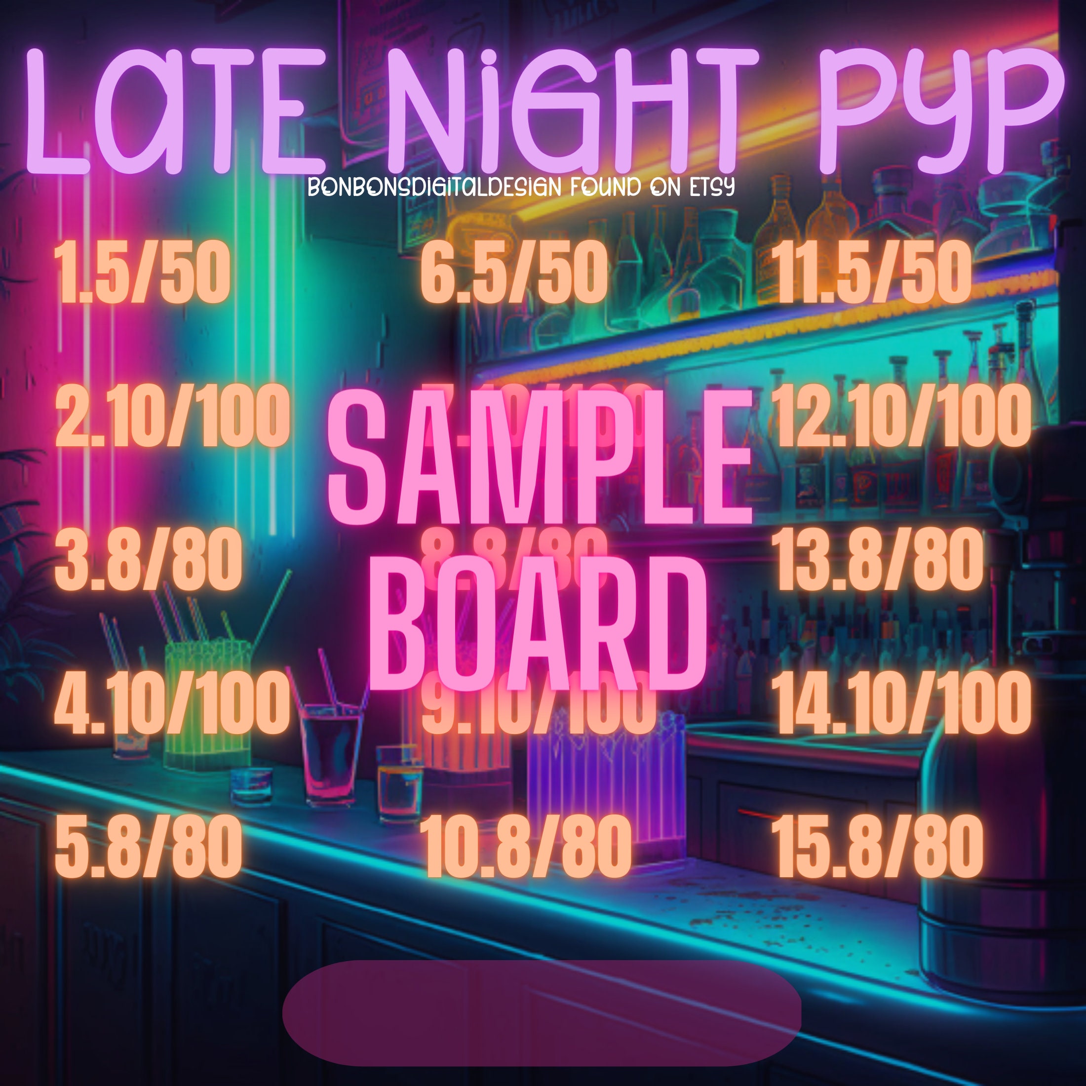 Late Night PYP Mix 15 Line Bingo Board, Pick Your Pay Bingo Board, Glow ...