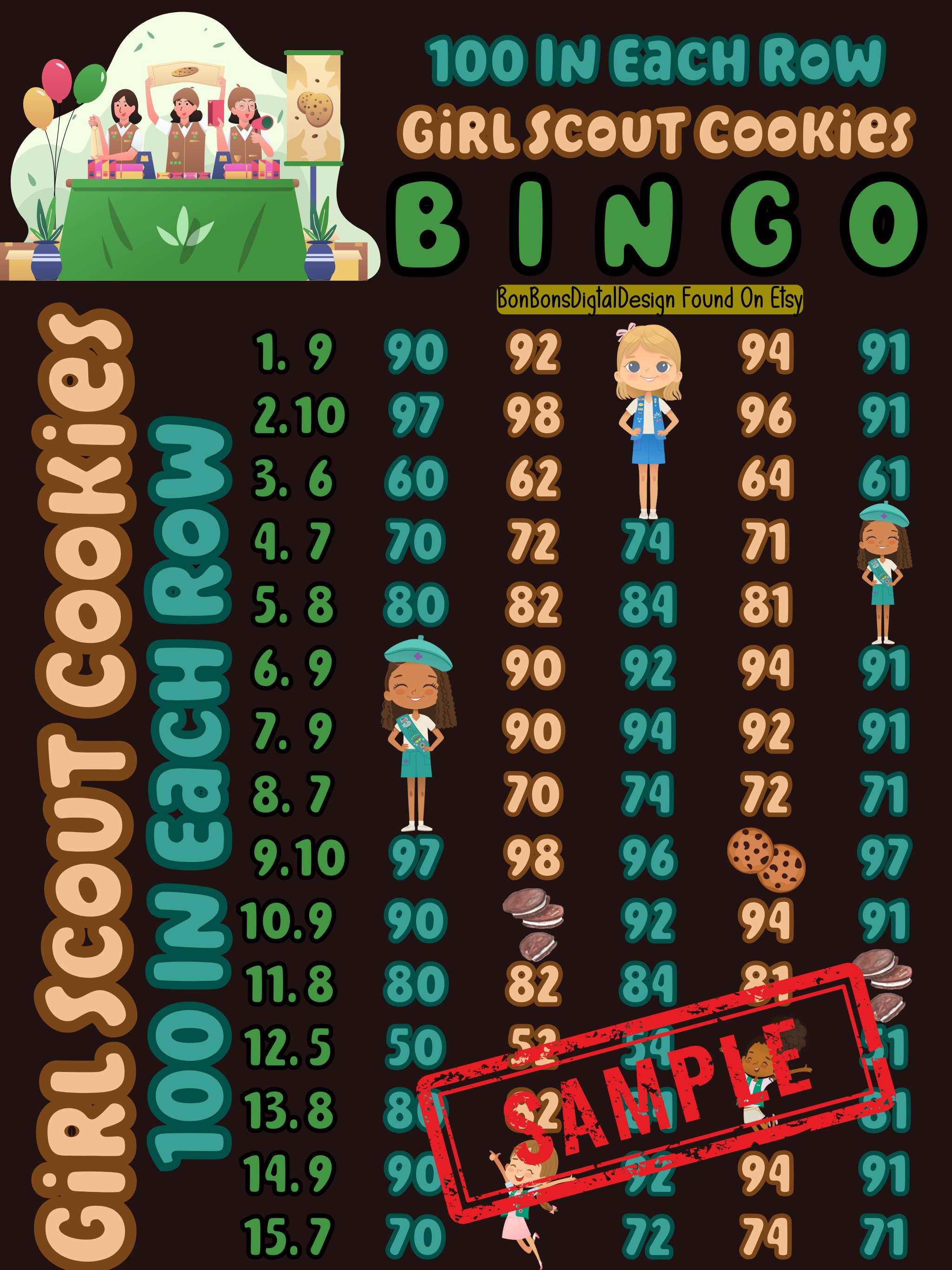 100 in Each Row PYP Pro WTA Girl Cookies Class 15 Line Bingo Board ...