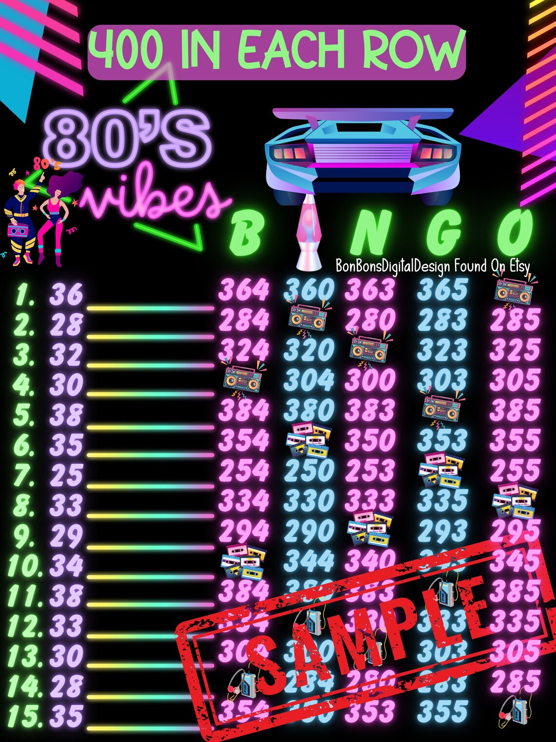 400 PYP Small Profit WTA 80s Vibes 15 Line Bingo Board , 400 in Each ...