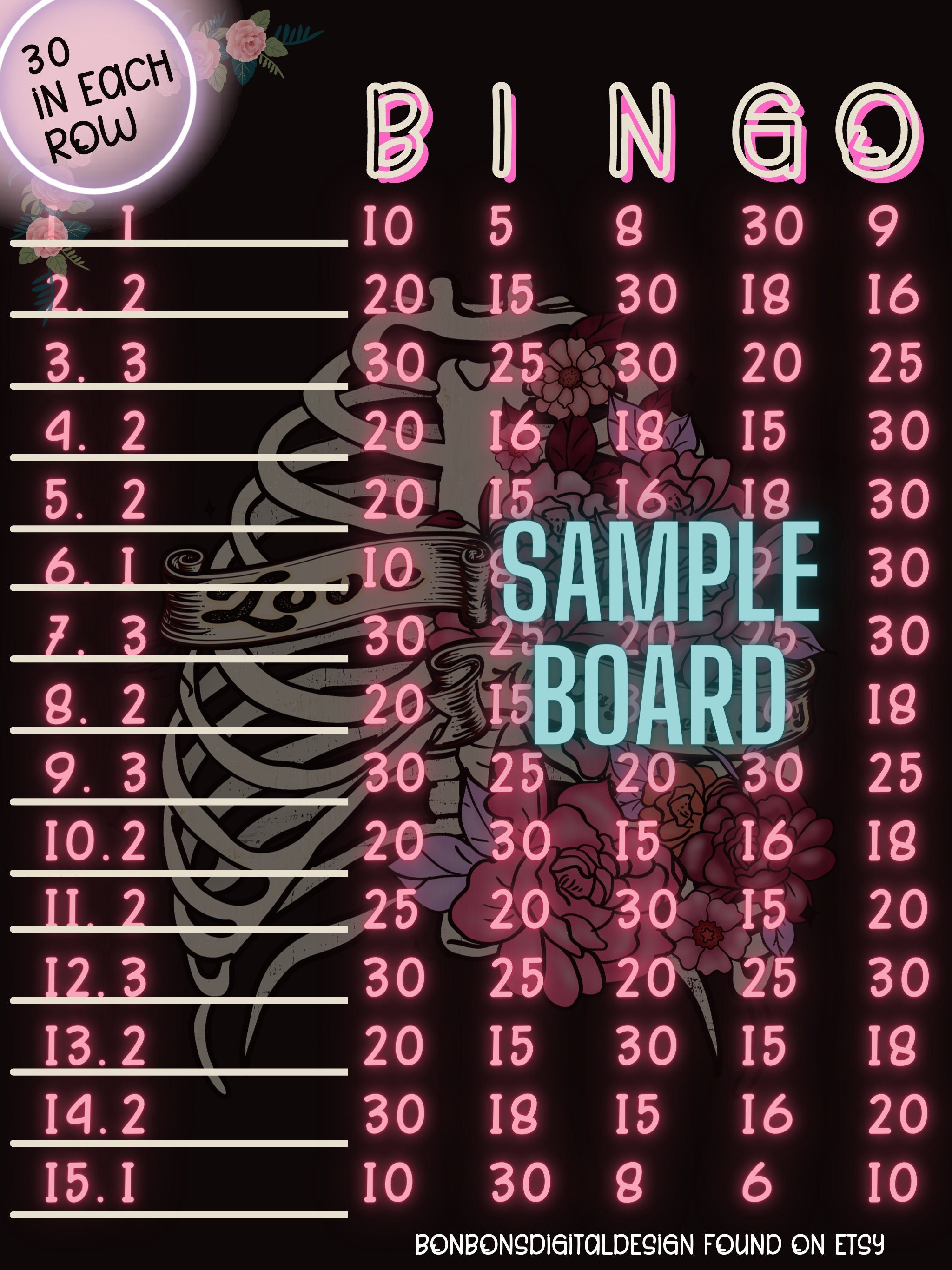 30 in Each Row WTA Love Roses Cage 15 Line Bingo Board, PYP Bingo Board ...