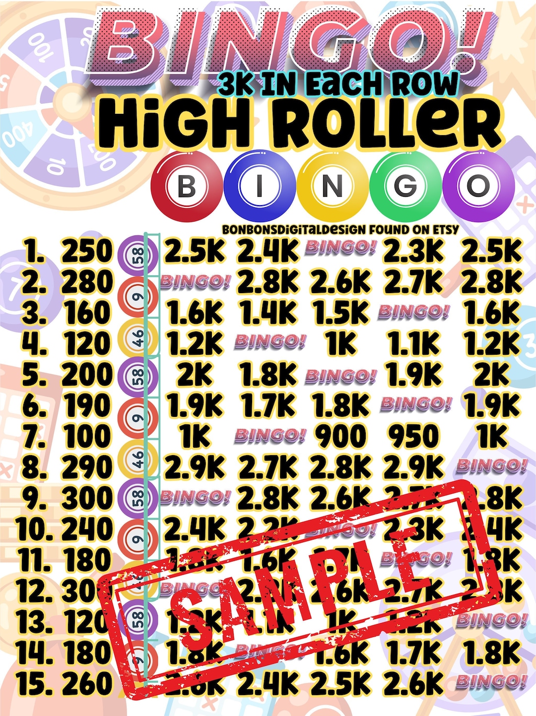 High Roller 3k HR PYP 15 Line Bingo Board, WTA Bingo Board - Etsy