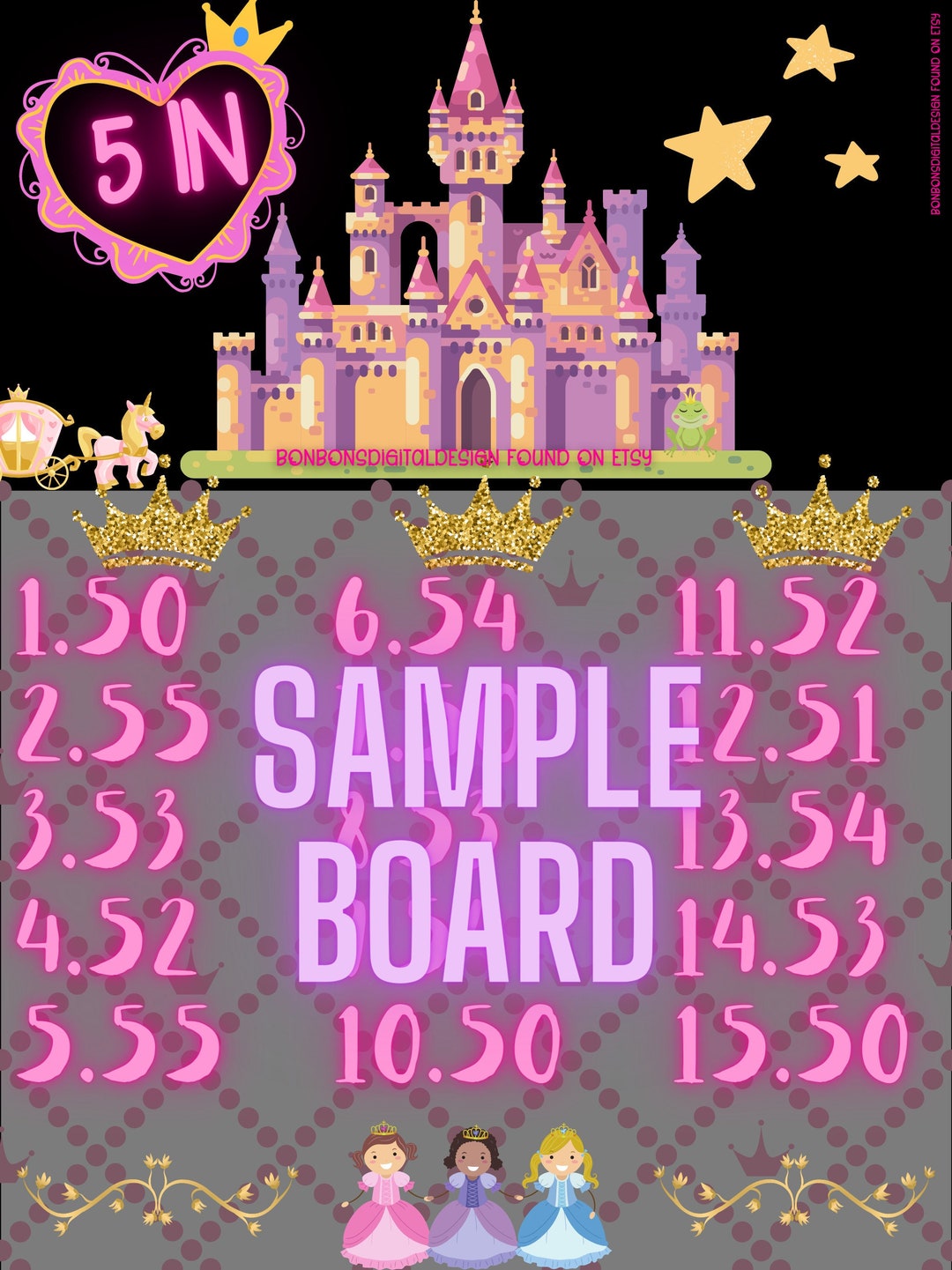 Princess 5 IN Pick Your Payout 15 Line Bingo Board, Pick Your Pay Bingo ...