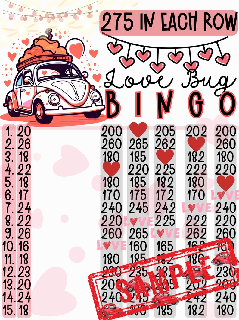 PYP Small Profit WTA Love Bugs 15 Line Bingo Board , 275 in Each Row ...