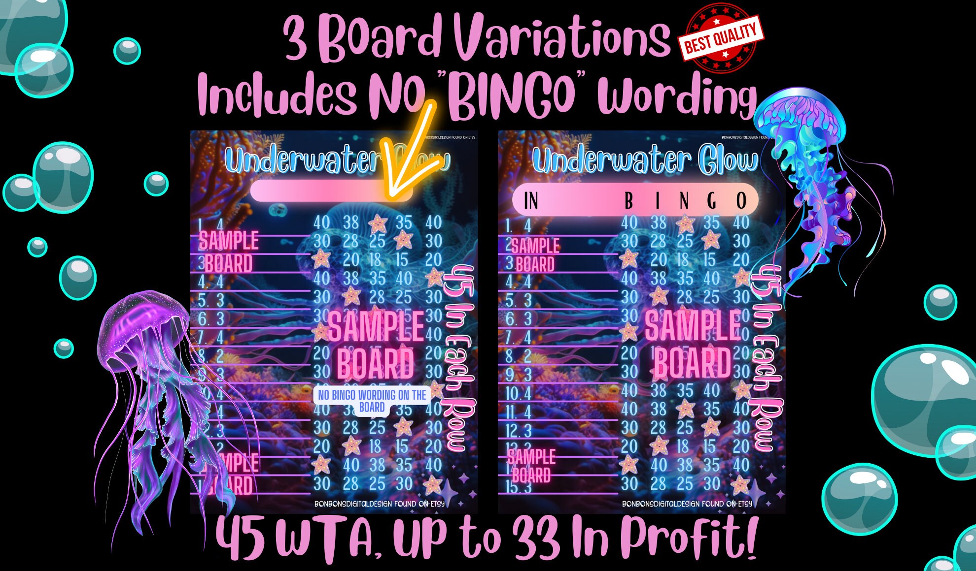 Underwater Glow 45 in Each Row WTA 15 Line Bingo Board, PYP Bingo Board ...