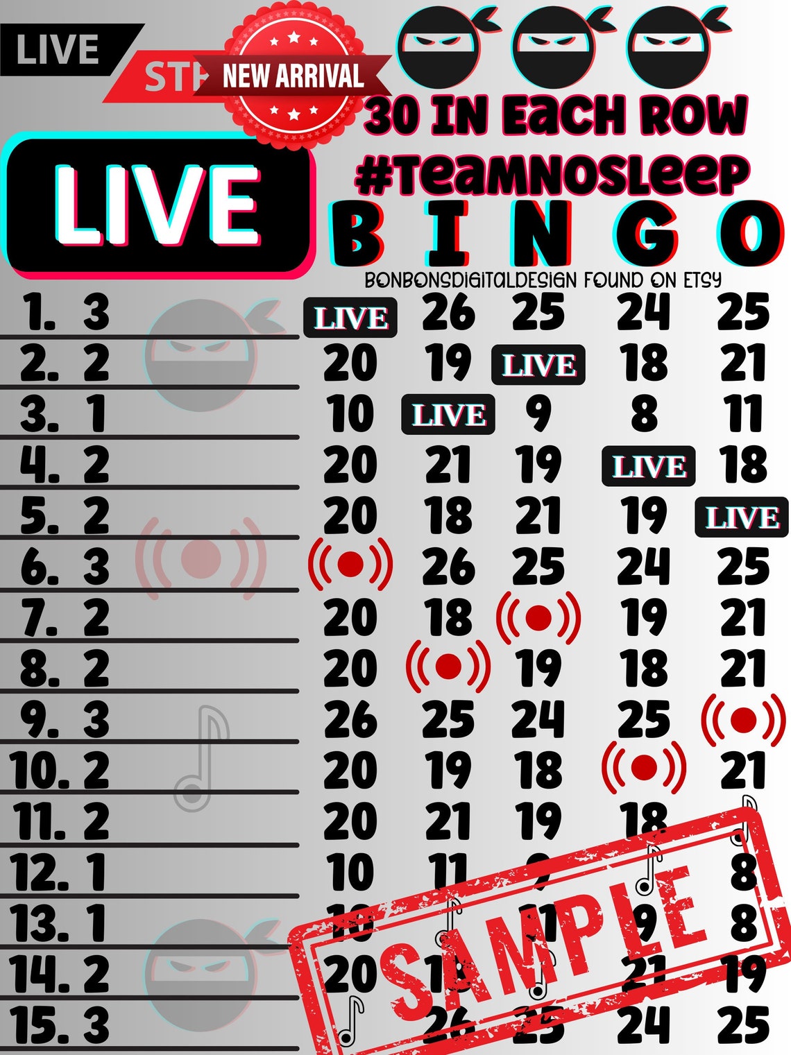 30 in Each Row WTA PYP 15 Line Bingo Board, Low WTA Bingo Board - Etsy